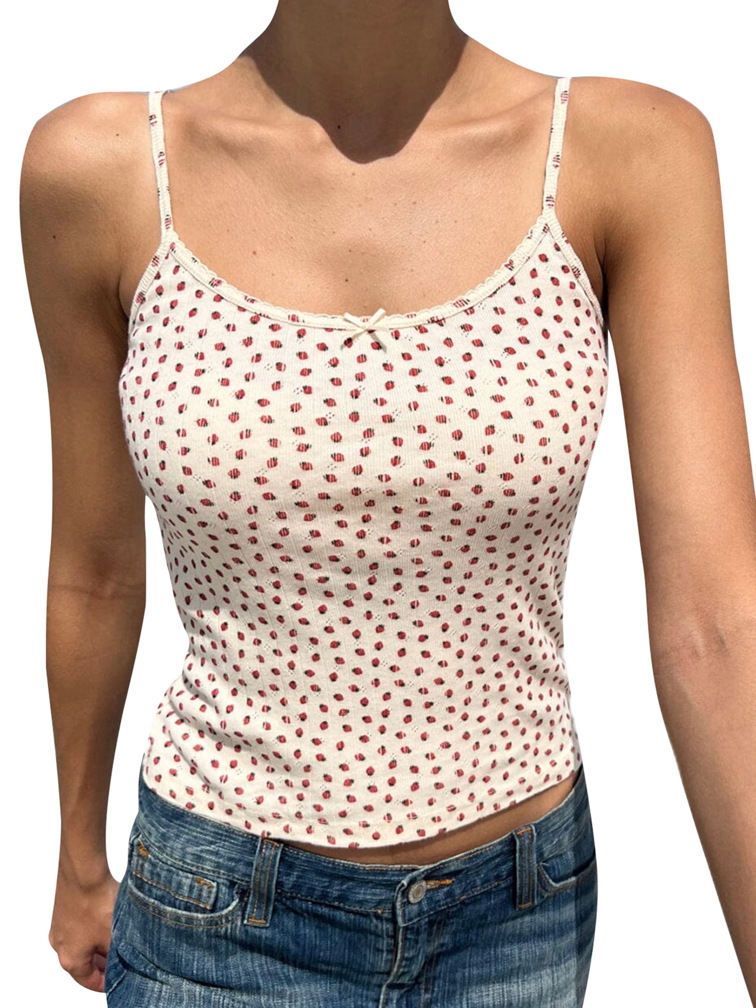 Suagox Women's Crop Camisole Slim Strawberry Print Scoop Neck Backless ...