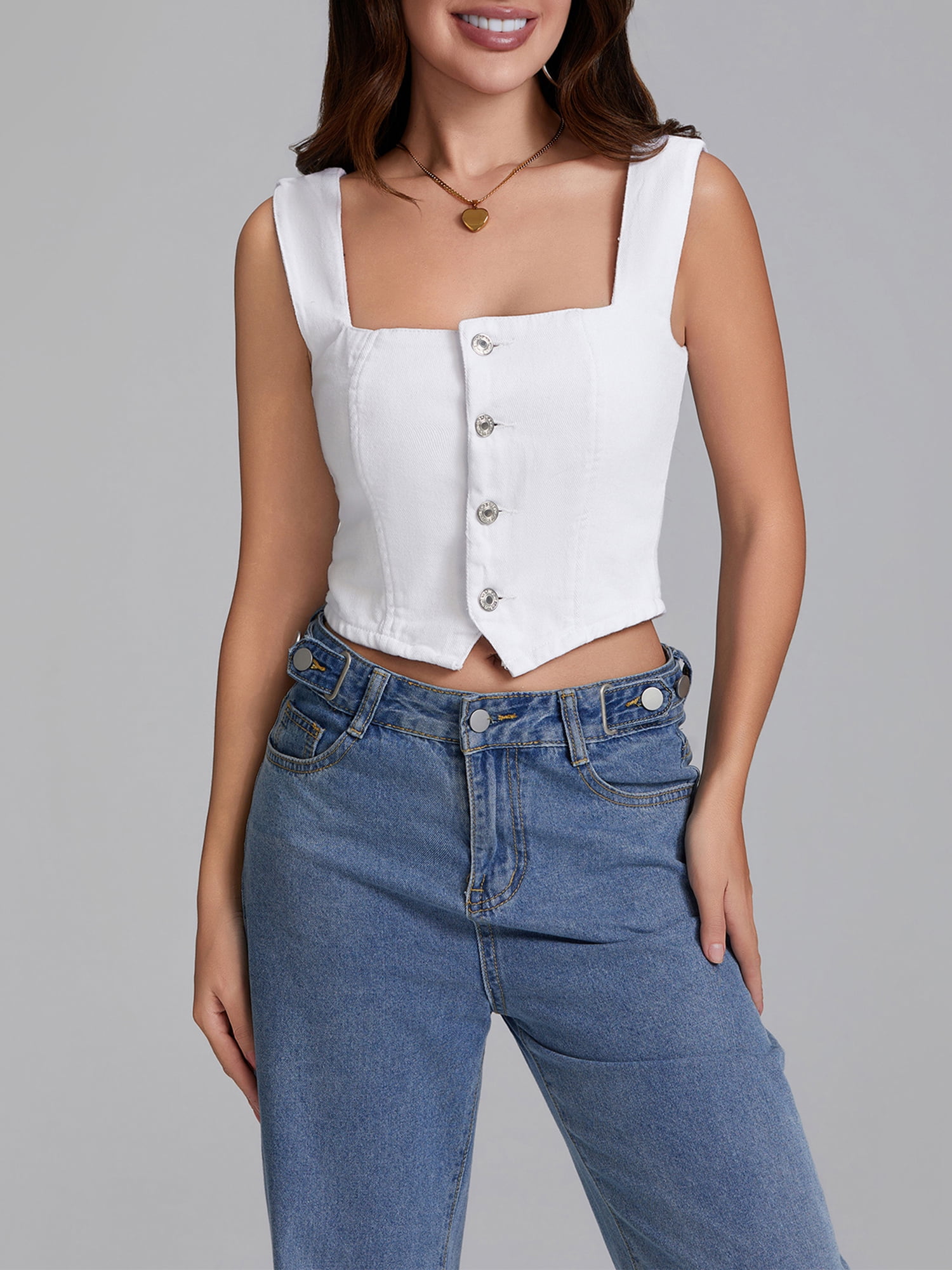 Suagox Women's Denim Tank Tops Slim Fit Rectangle Neck Backless Back ...