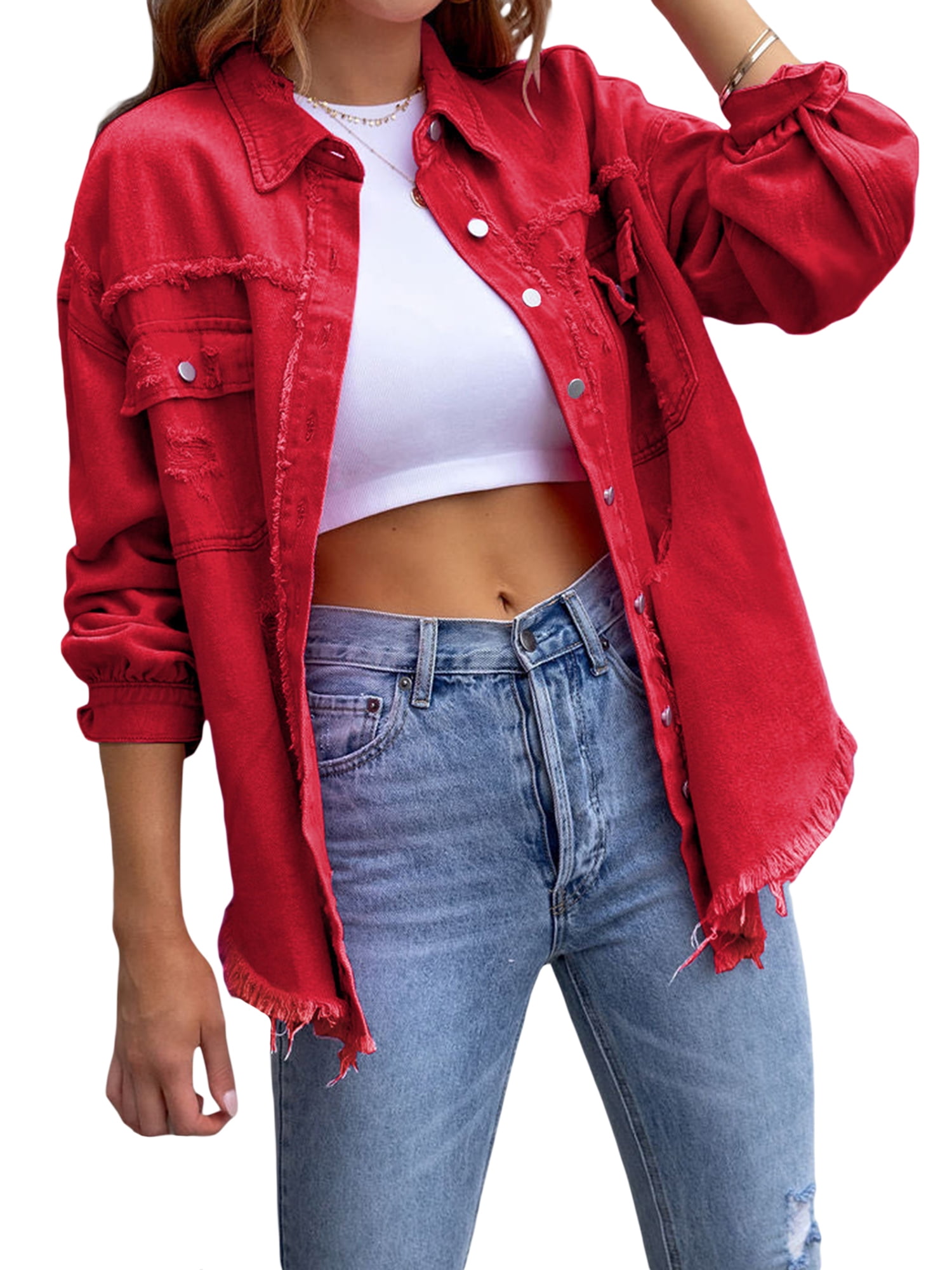 Suagox Women's Ripped Distressed Denim Jacket Long Sleeve Button Down ...