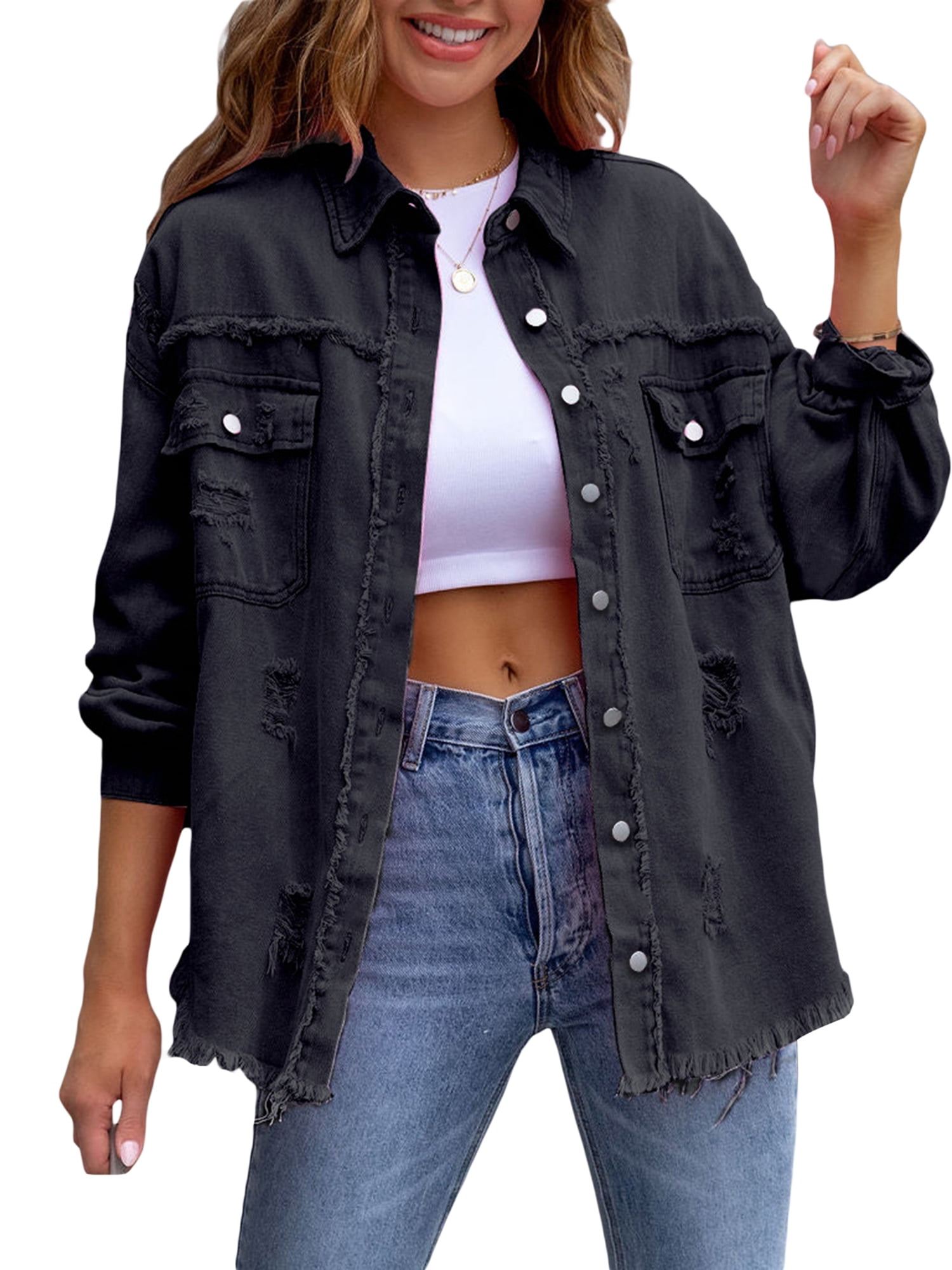 Suagox Women's Ripped Distressed Denim Jacket Long Sleeve Button Down ...