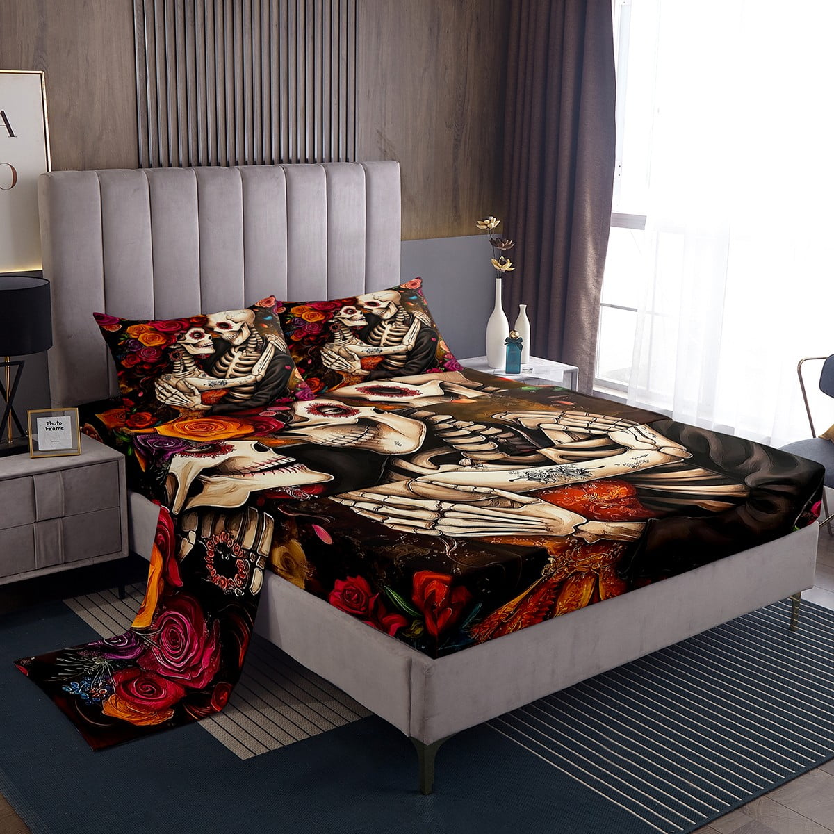 Suagr Skull Bed Sheets King Size Colorful Rose Floral Sheets Gothic ...