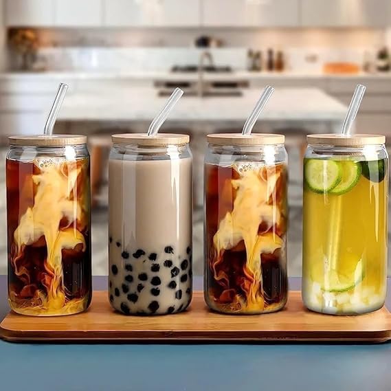 Suani Beer CanShaped Drinking Glasses Pack of 4 Airtight Wooden Lid and ...