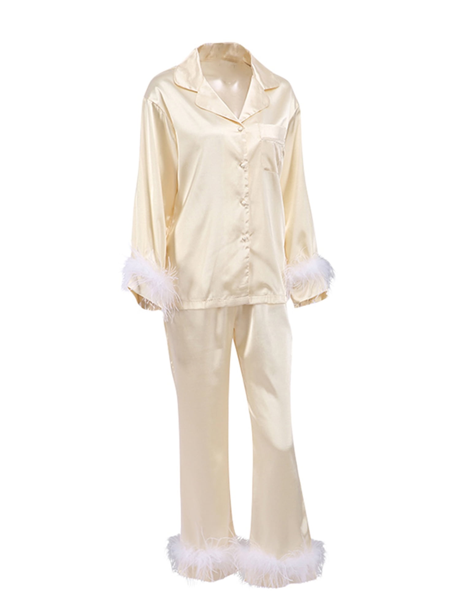 Suanret Women Satin Feather Pajama Set Long Sleeve Button Down Fur Trim ...