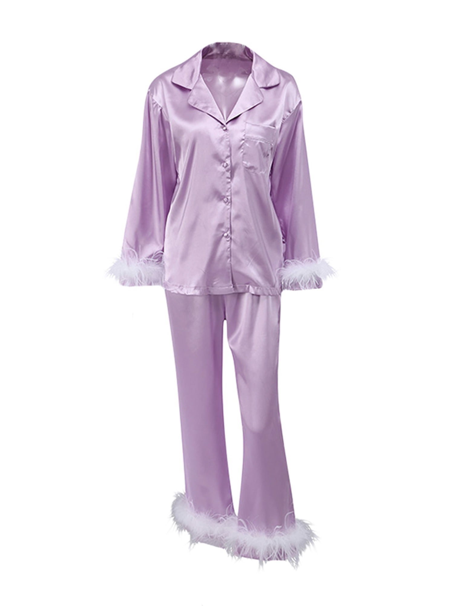 Customer reviews for Suanret Women Satin Feather Pajama Set Long Sleeve ...