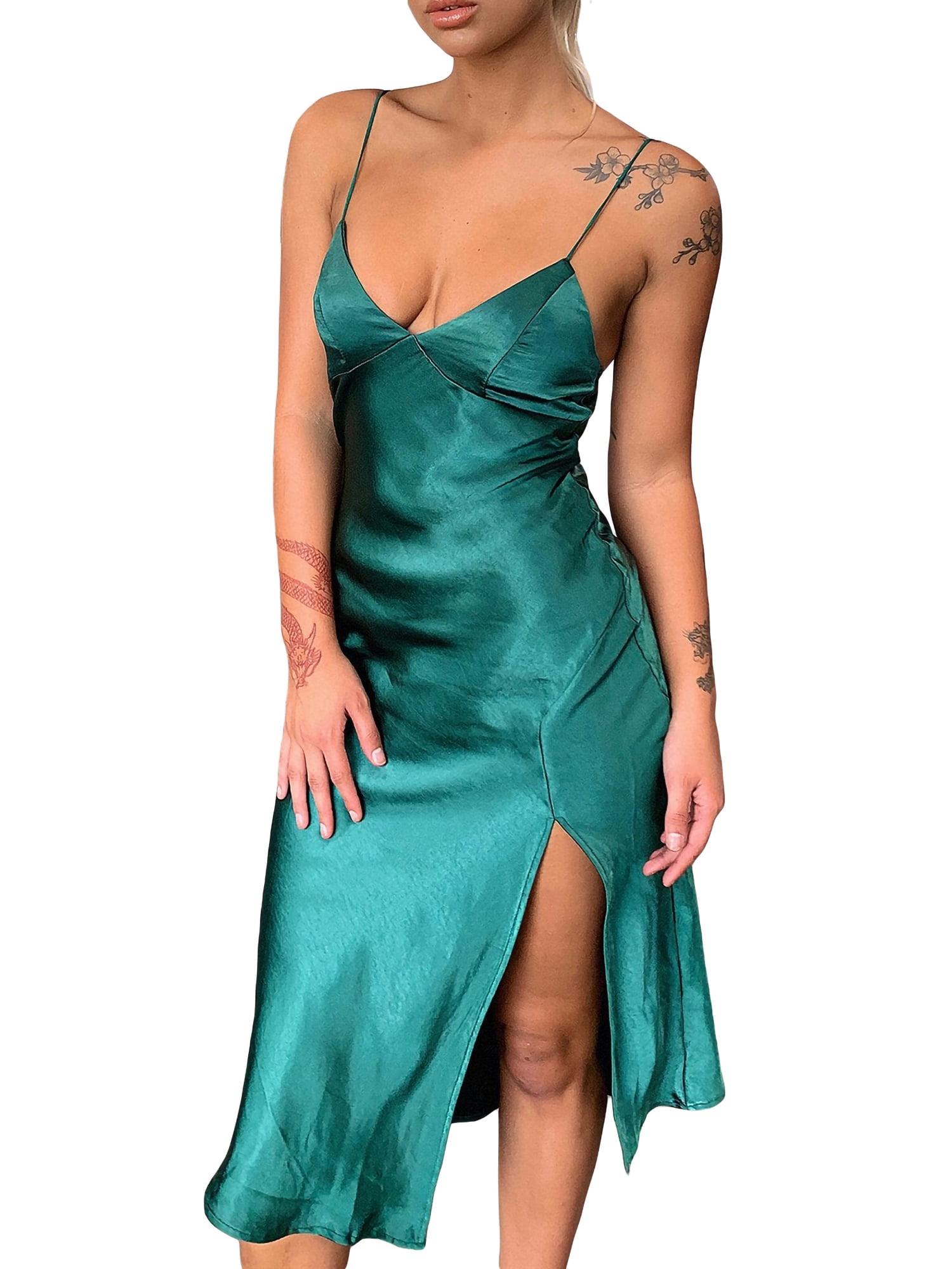 Suanret Womens Spaghetti Strap Satin Dresses Sleeveless V Neck Bodycon