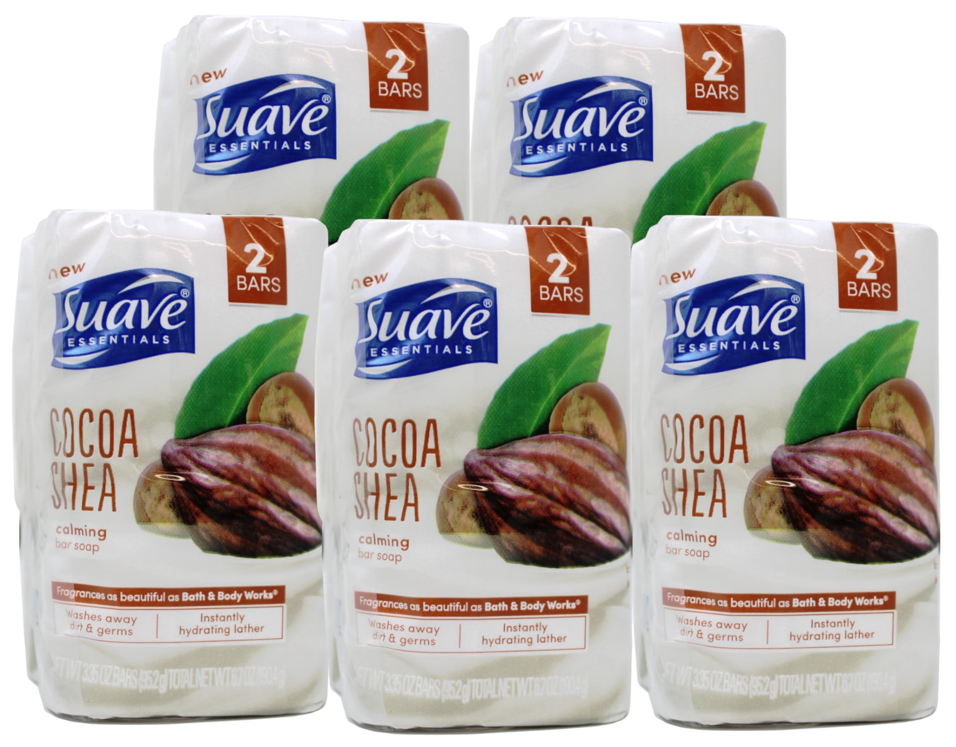 Suave Essentials Cocoa Shea Calming Bar Soap, 2 count bars, (5 Pack ...