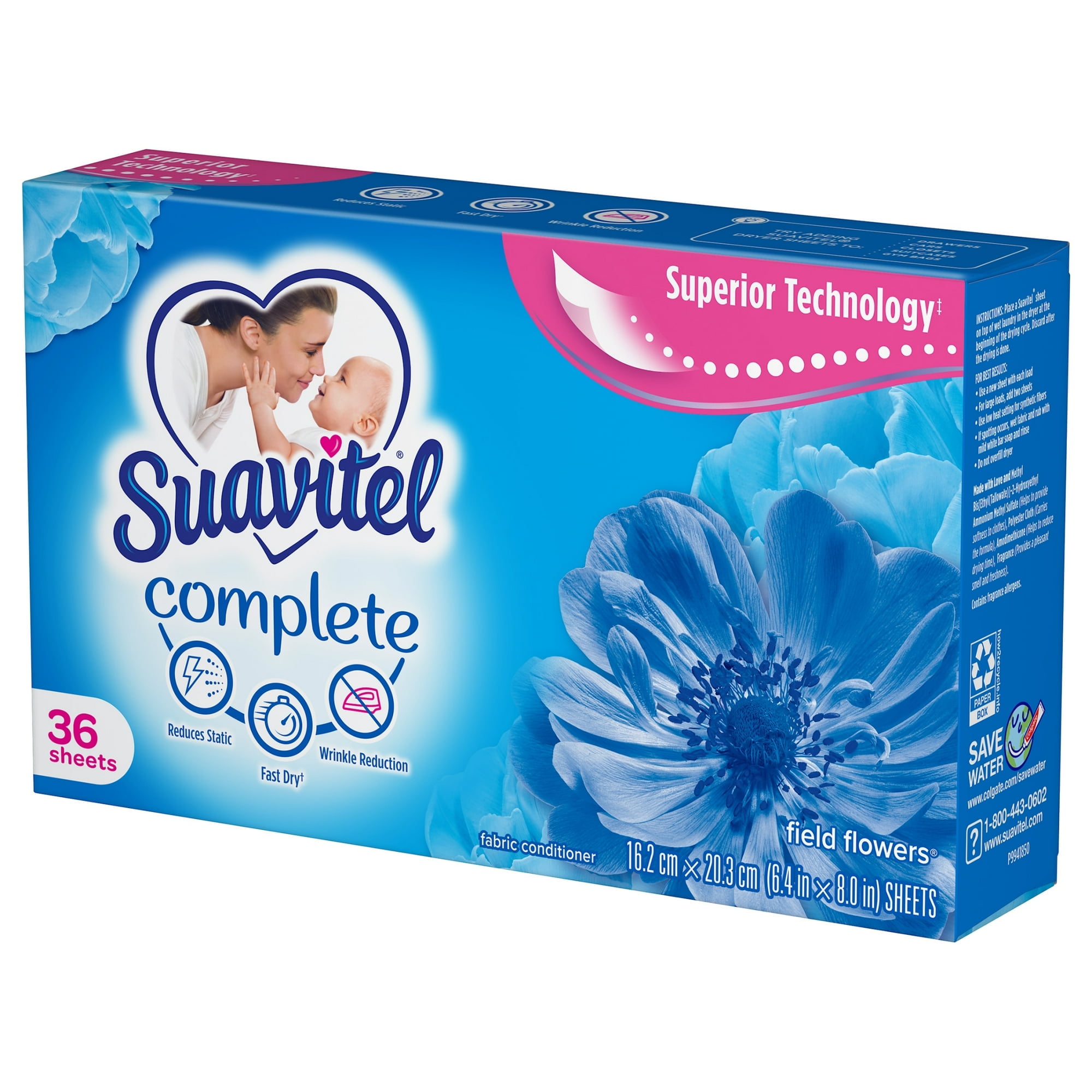 Suavitel Complete Dryer Sheets, Fabric Conditioner, Field Flowers Scent ...