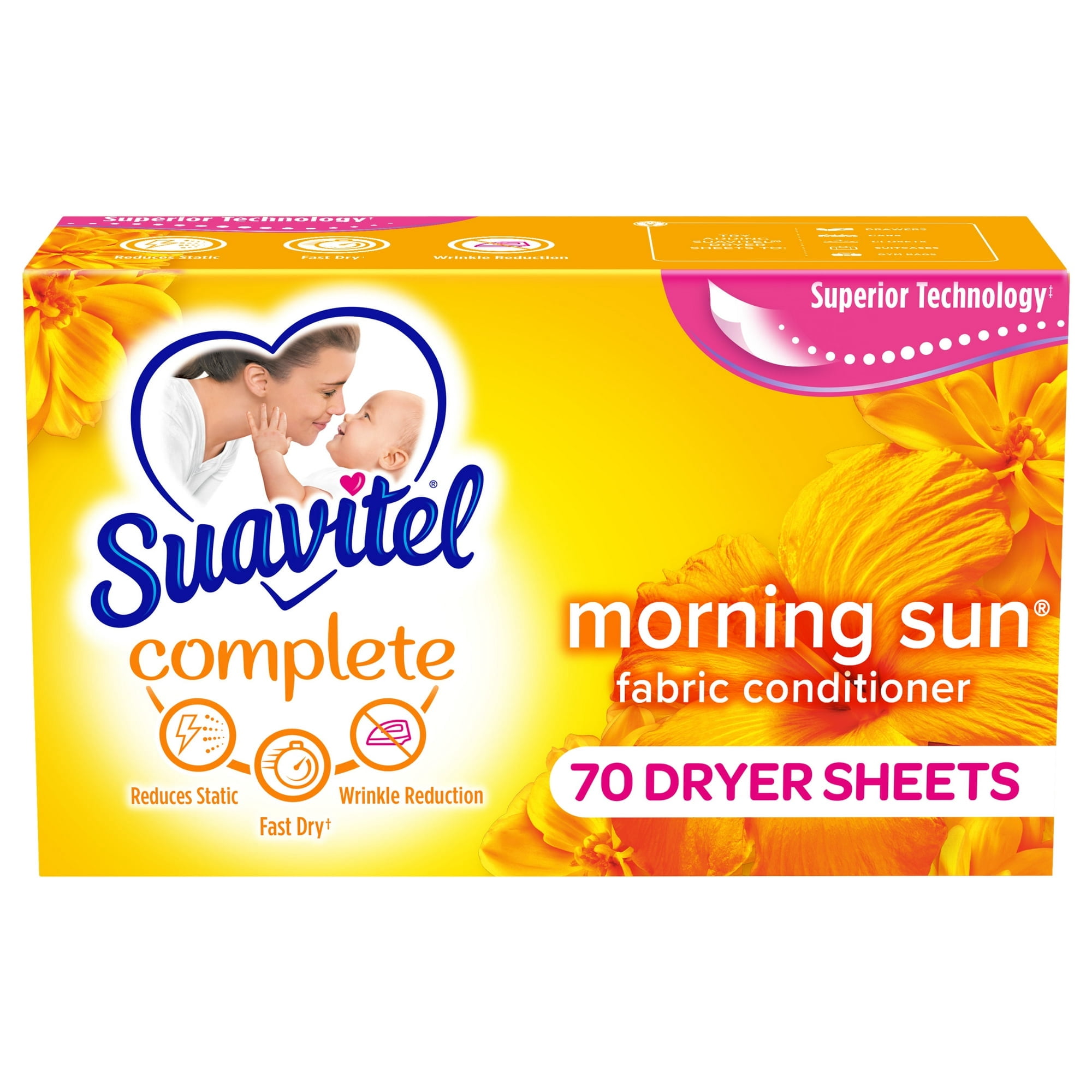 Suavitel Complete Dryer Sheets, Fabric Conditioner, Morning Sun, 70 ...