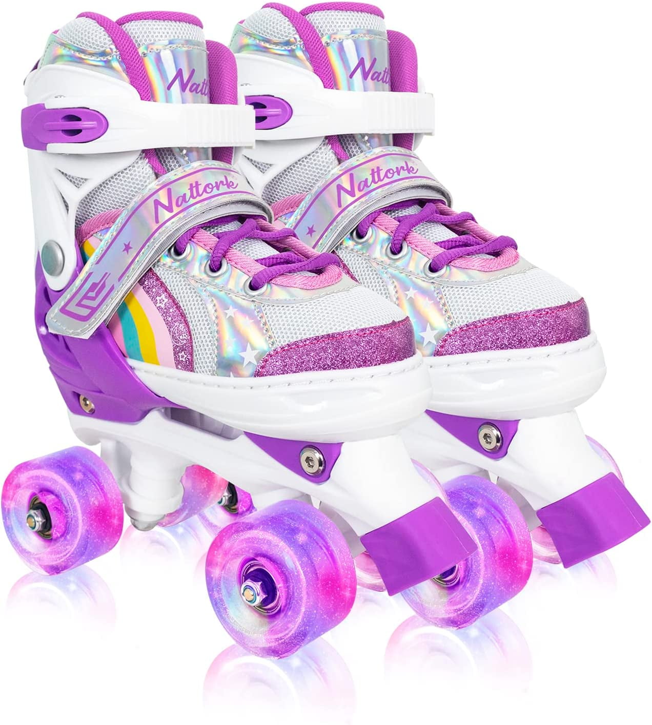 SubSun Beginner's Adjustable Roller Skates with Rainbow Light-Up Wheels ...