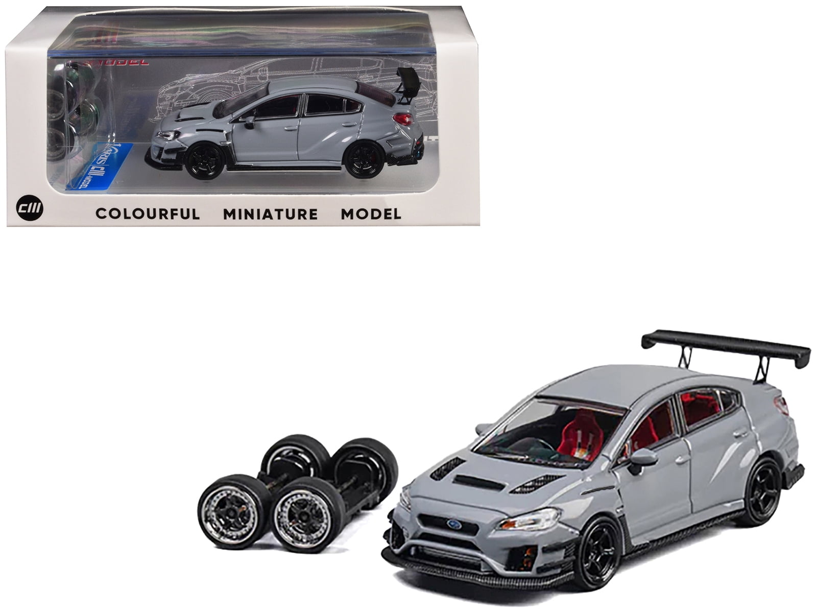 Subaru VAB WRX STI S4 Gray with Red Interior with Extra Wheels 1/64 Diecast Model Car by CM ...