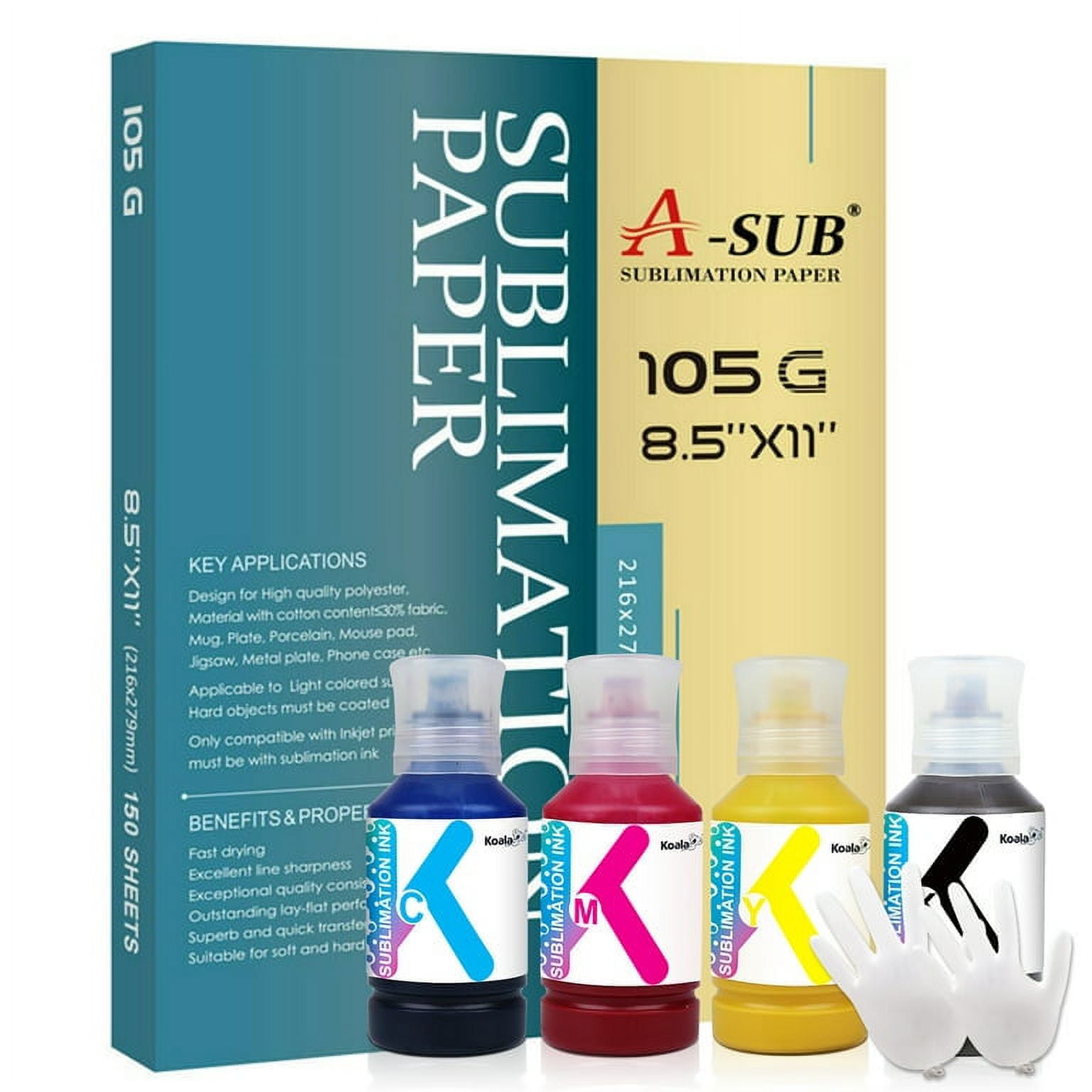 Sublimation Starter Bundle for A-SUB Sublimation Paper 8.5x11 105g + 150MLx4 Color Sublimation ...