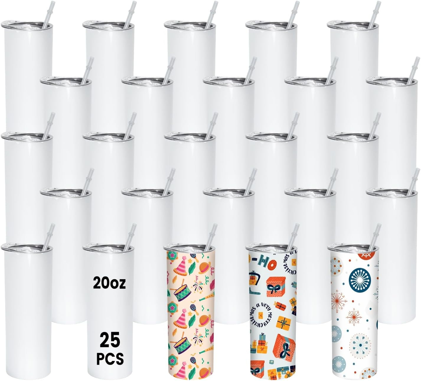 Sublimation Tumblers Bulk 20 oz Skinny, 25 Pack Stainless Steel Double ...