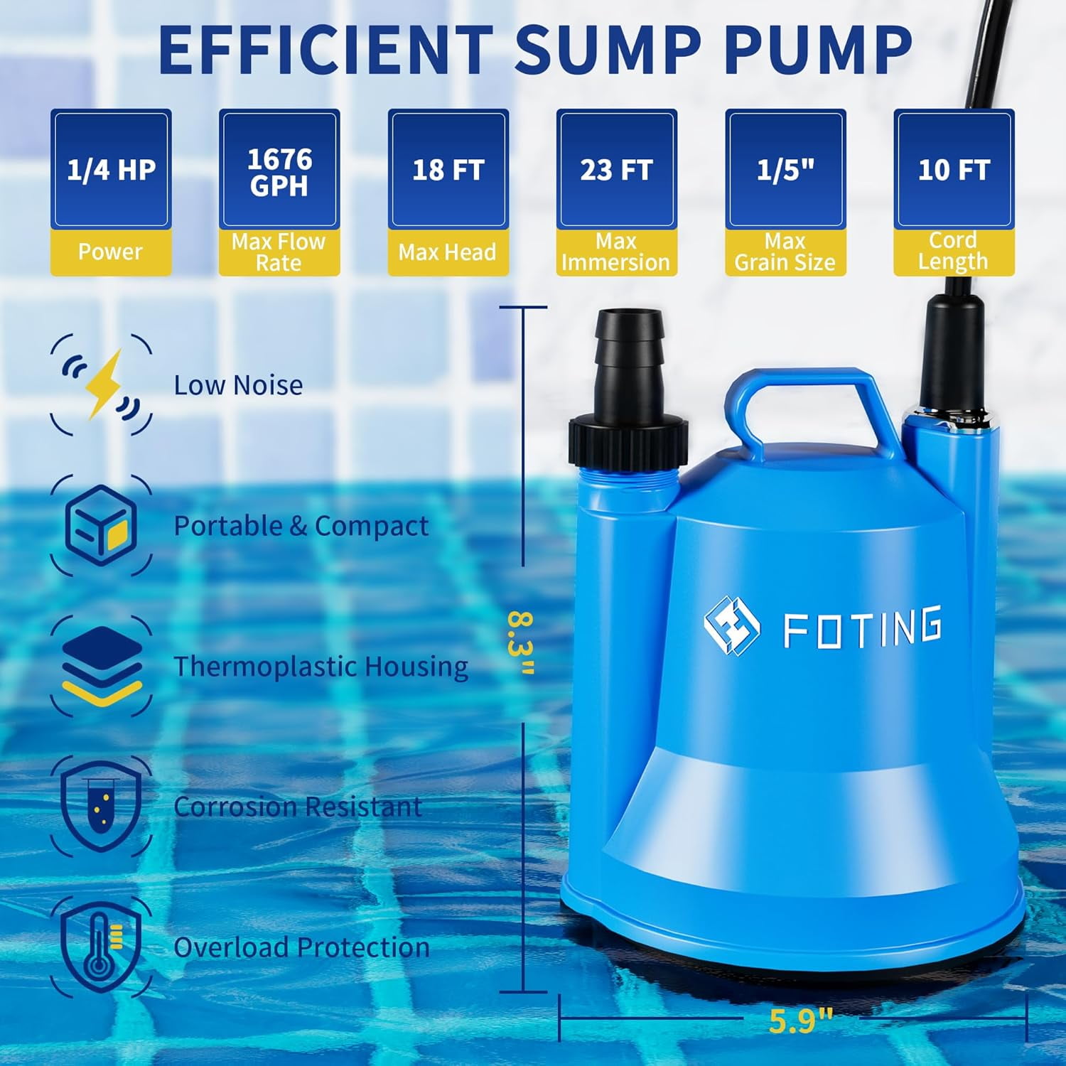 Submersible Water Pump - 1/4HP Utility Pump - 1676GPH Thermoplastic ...