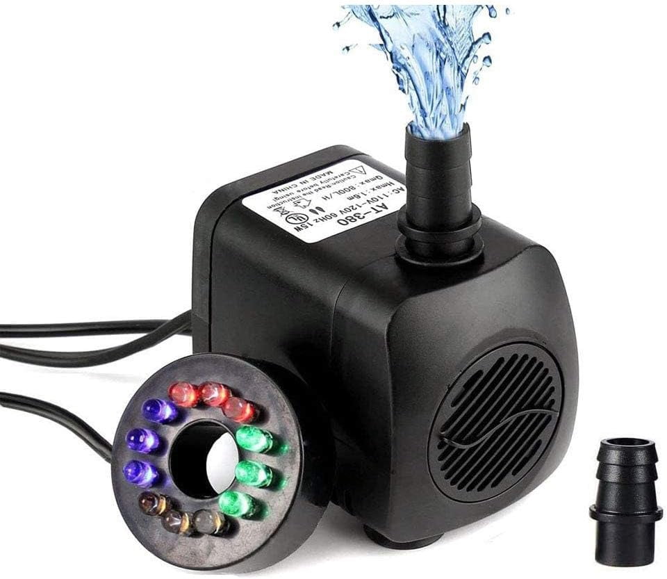 Submersible Water Pump, 15W 800L/H Fountain Pump with 12 Color LED ...