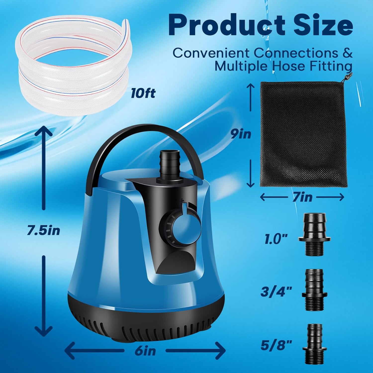 Submersible Water Pump with Adjustable Flow, 950GPH Blue for Pool ...