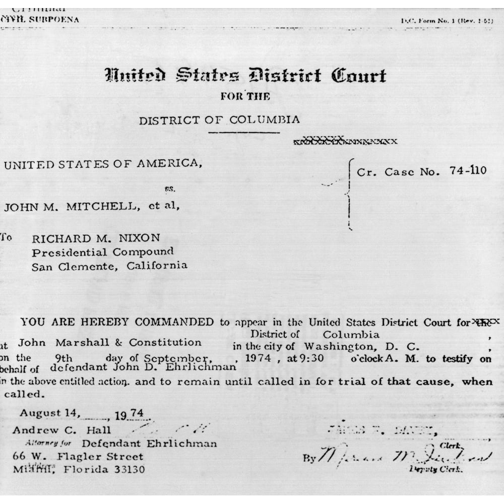 Subpoena For President Nixon To Appear As A Witness In Court To Testify ...