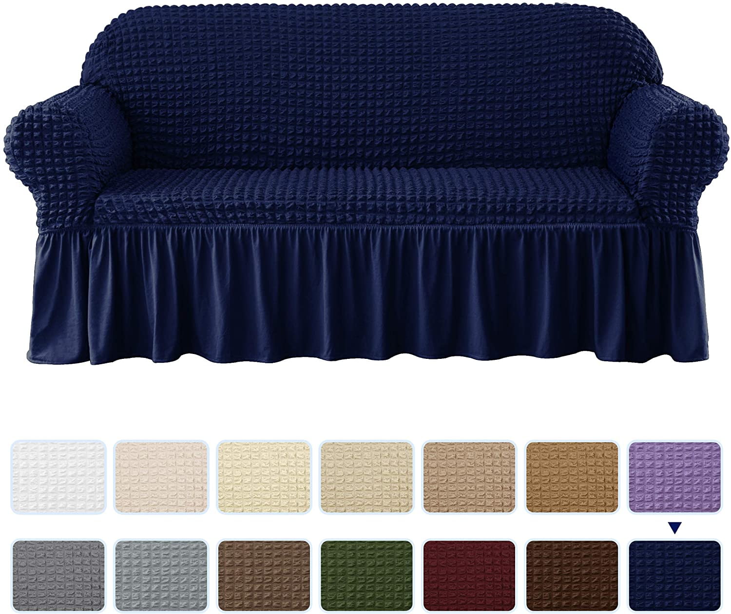 Subrtex Stretch 1-Piece Pleated Ruffled Skirt Loveseat Slipcover, Navy ...