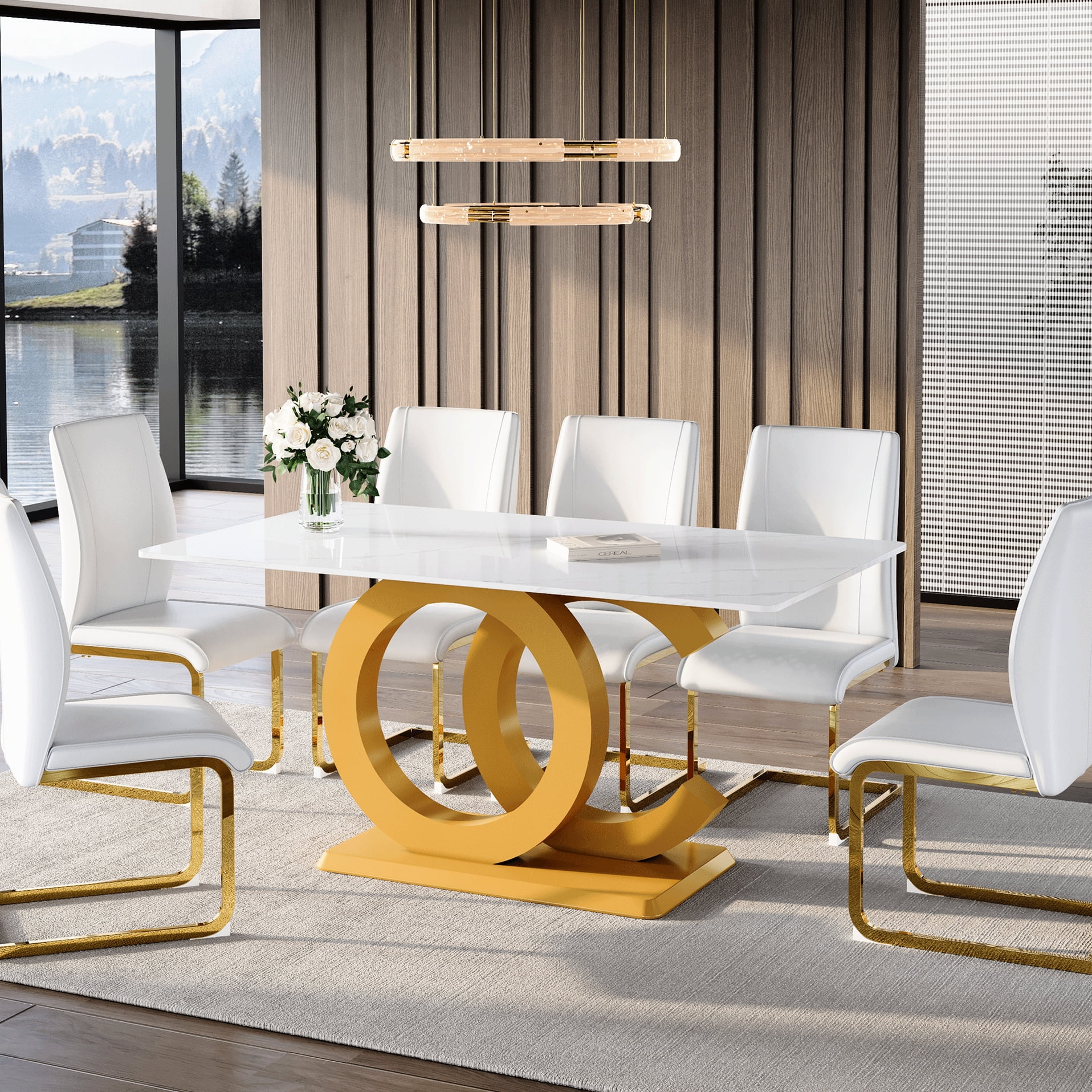 Subtle Luxury Table And Chair Assembly - 63"x35.4". 6 White Pu Chairs ...