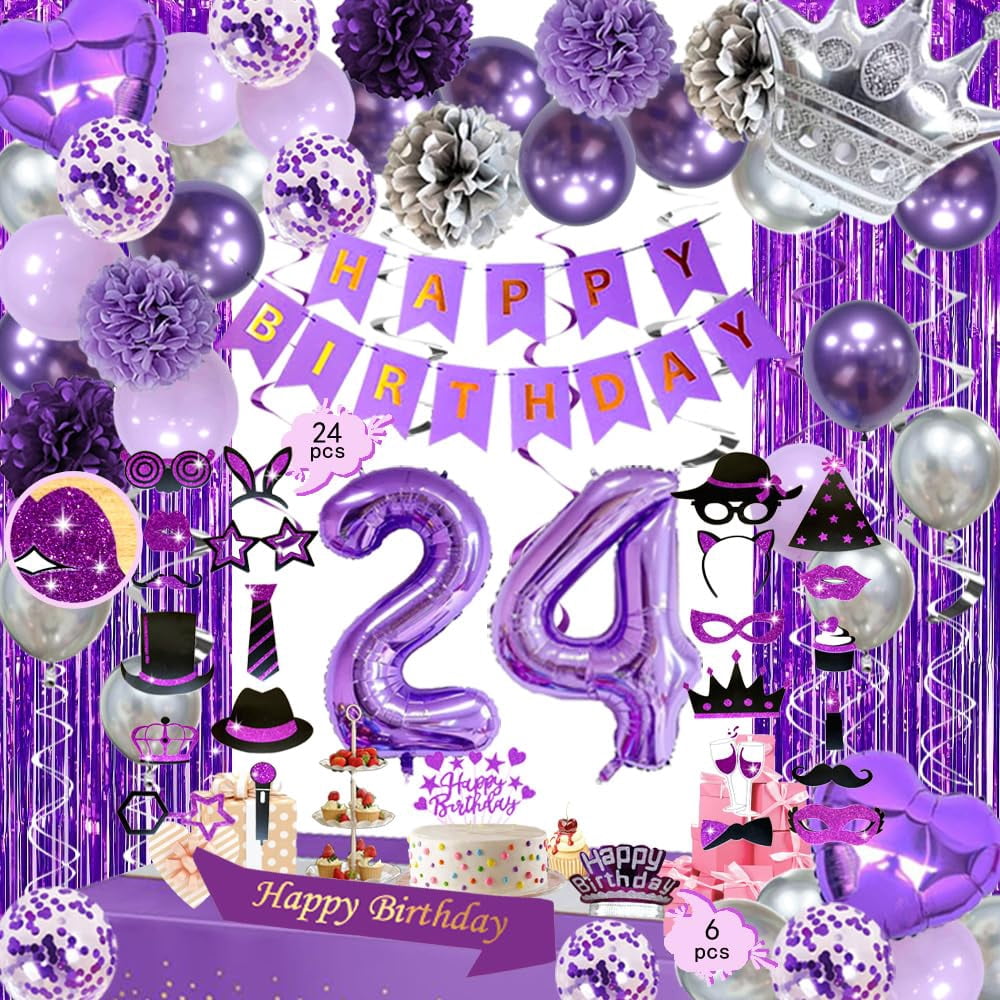 Succris Purple 24th FEV6 Birthday Decorations Kit,Happy Birthday Banner ...