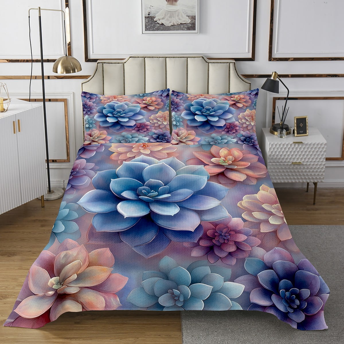 Succulent Bedspread Set Botancial Flowers Quilt Set Colorful Succulent ...