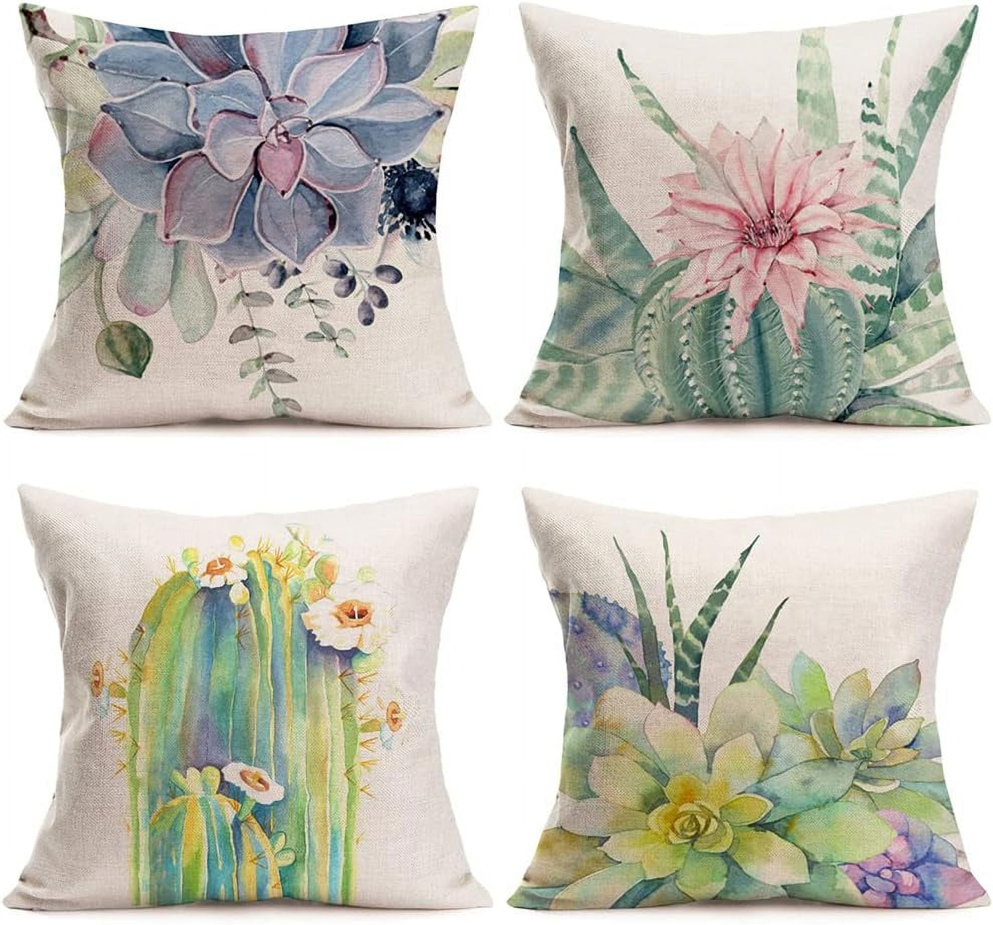 Succulent Cactus Floral Pillow Covers 18 x 18 inch Set of 4 Tropical ...