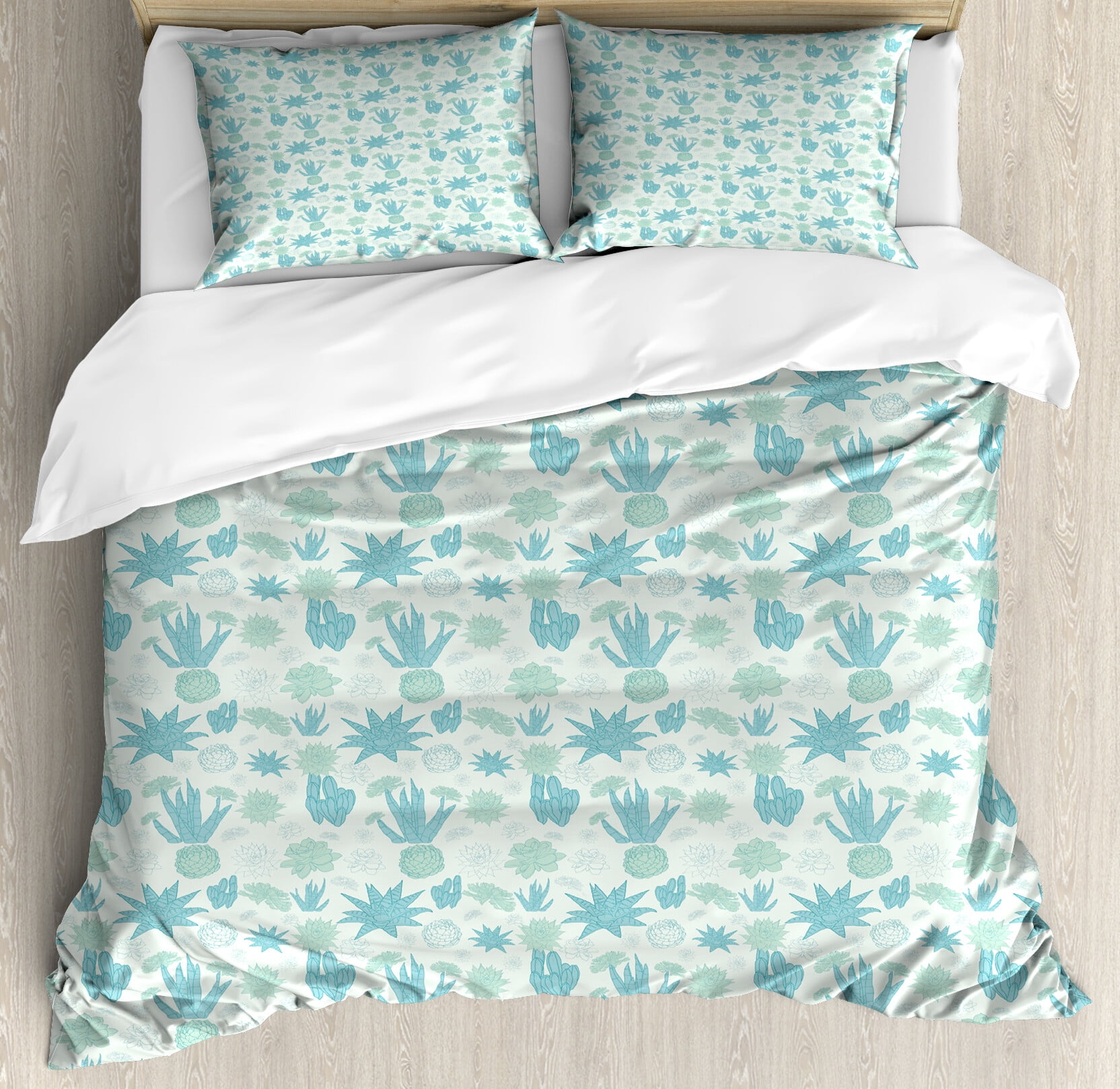 Succulent Duvet Cover Set, Continuous Cold Toned Pattern of Exotic ...