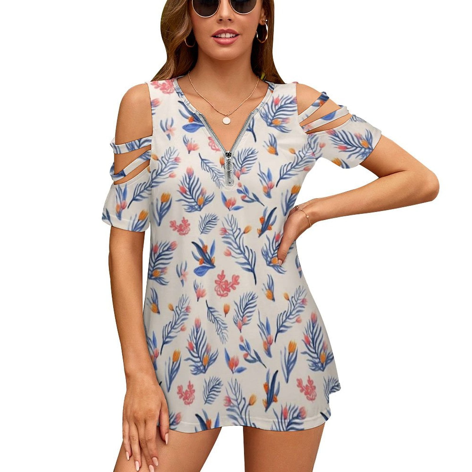 Succulent Garden Pattern On Cream New Fashion Zip Off Shoulder Top ...