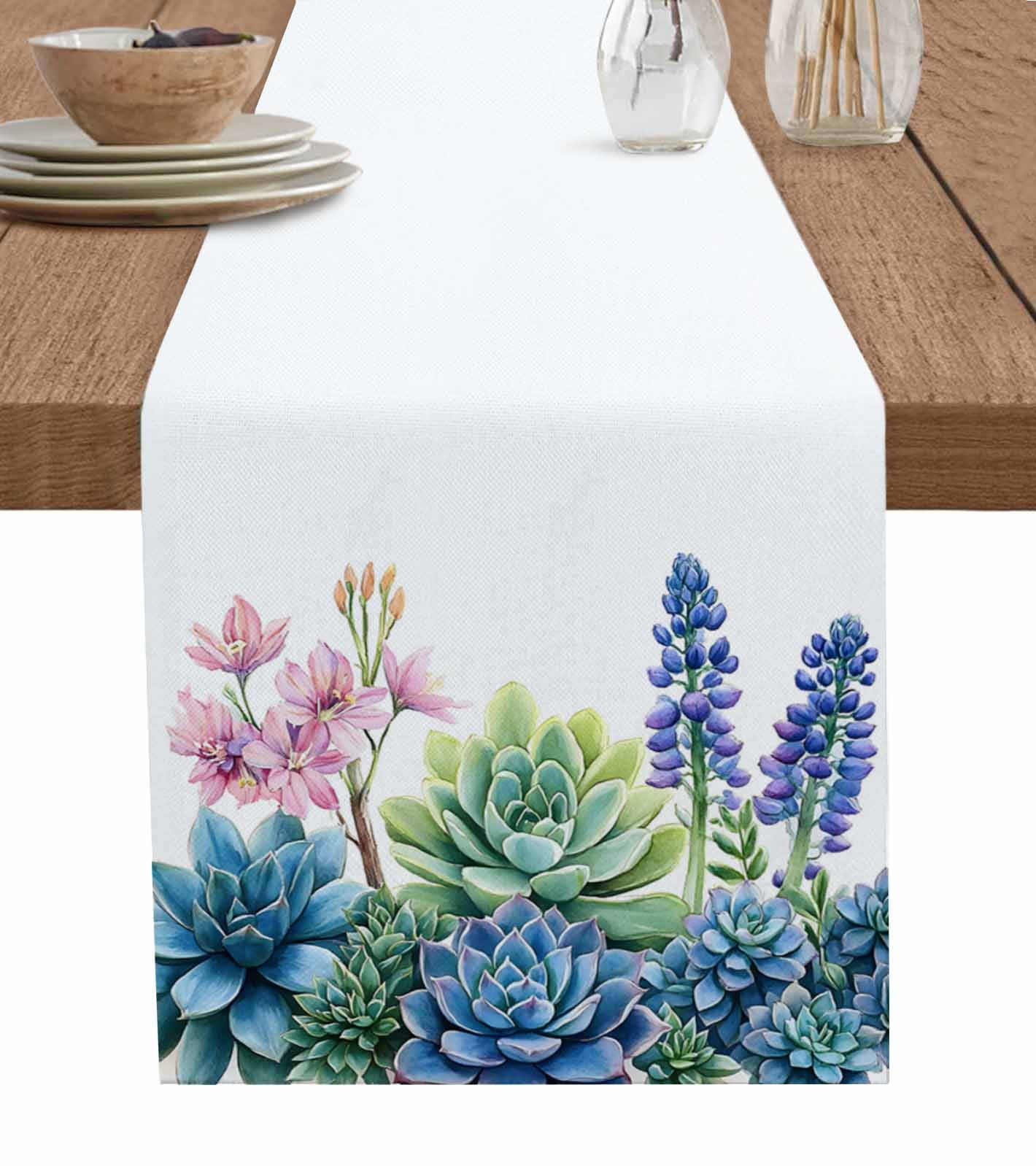 Succulent Green Blue Pink Table Runner 70 Inches, Summer Botanical Tropical Bed Runner Dresser ...