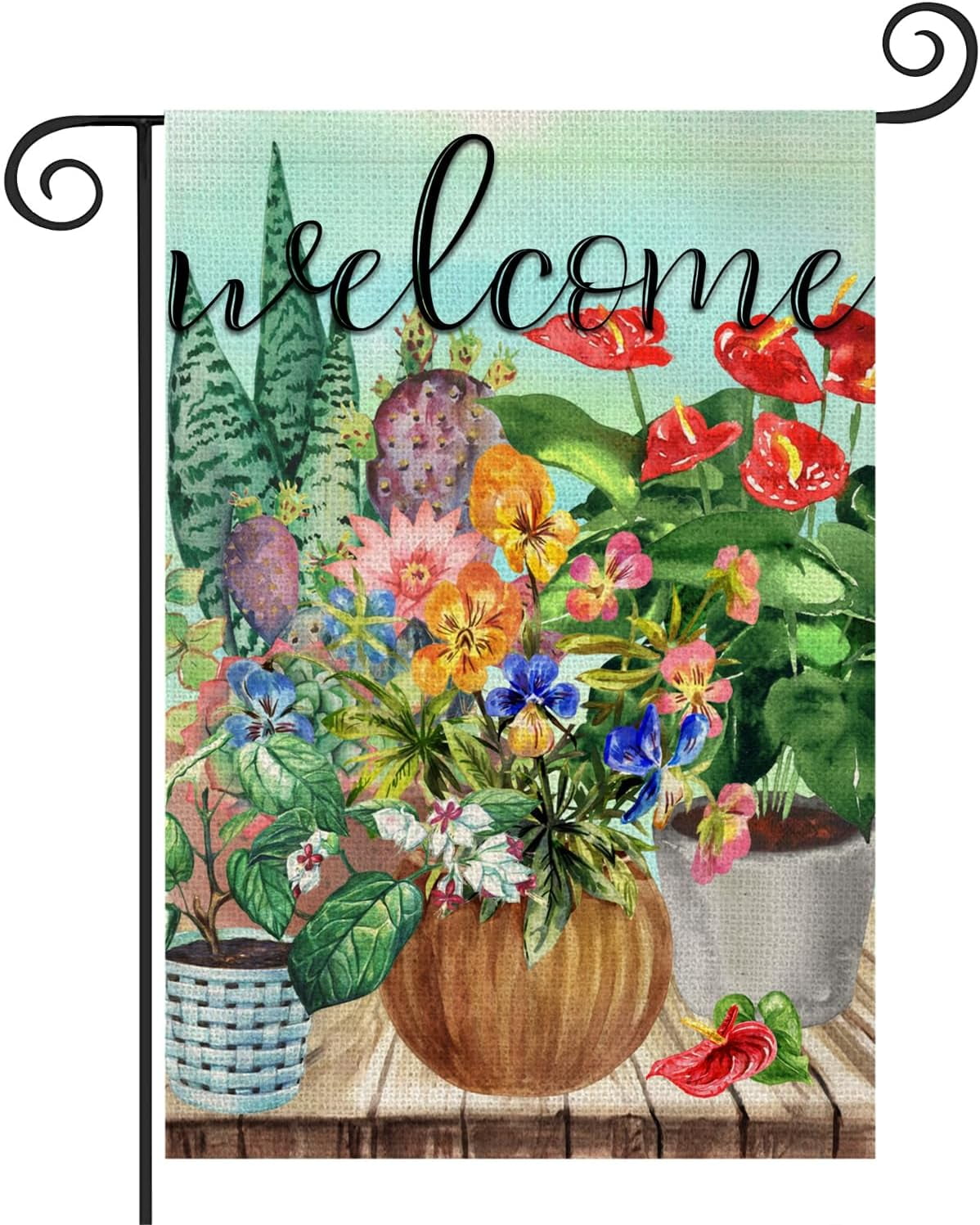 Succulent Potted Plant Welcome Garden Flag Vertical Burlap Double Sided ...