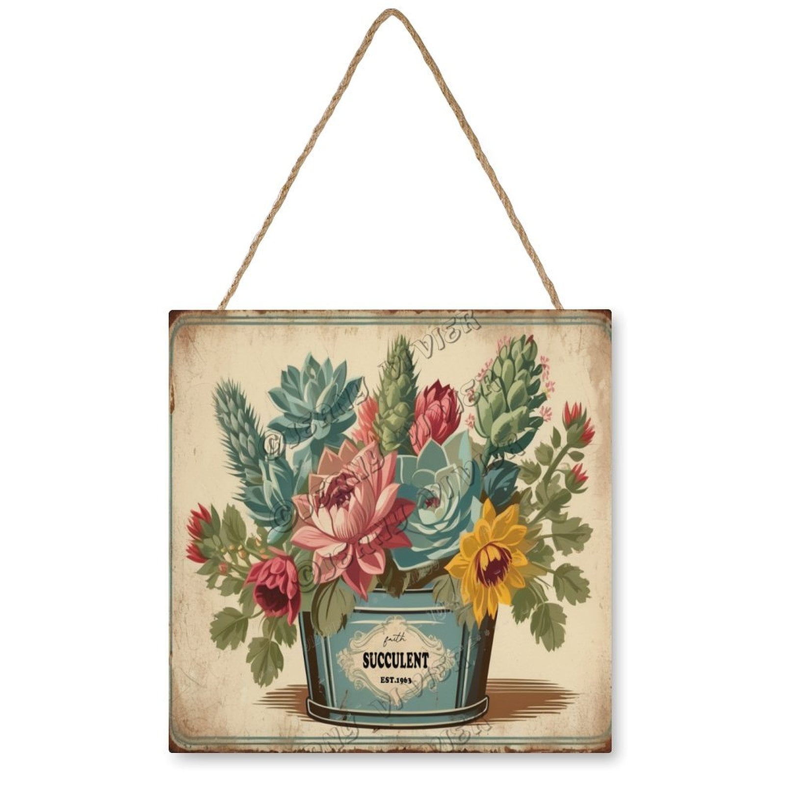 Succulent Wooden Hanging Signs For Home Decor 12"x12" Square Rustic ...