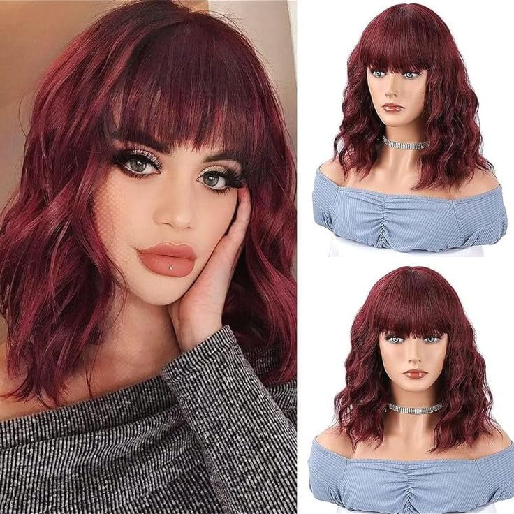 Sucs Short Wavy Red Wig with Bangs for Women Synthetic Curly Bob Wig ...