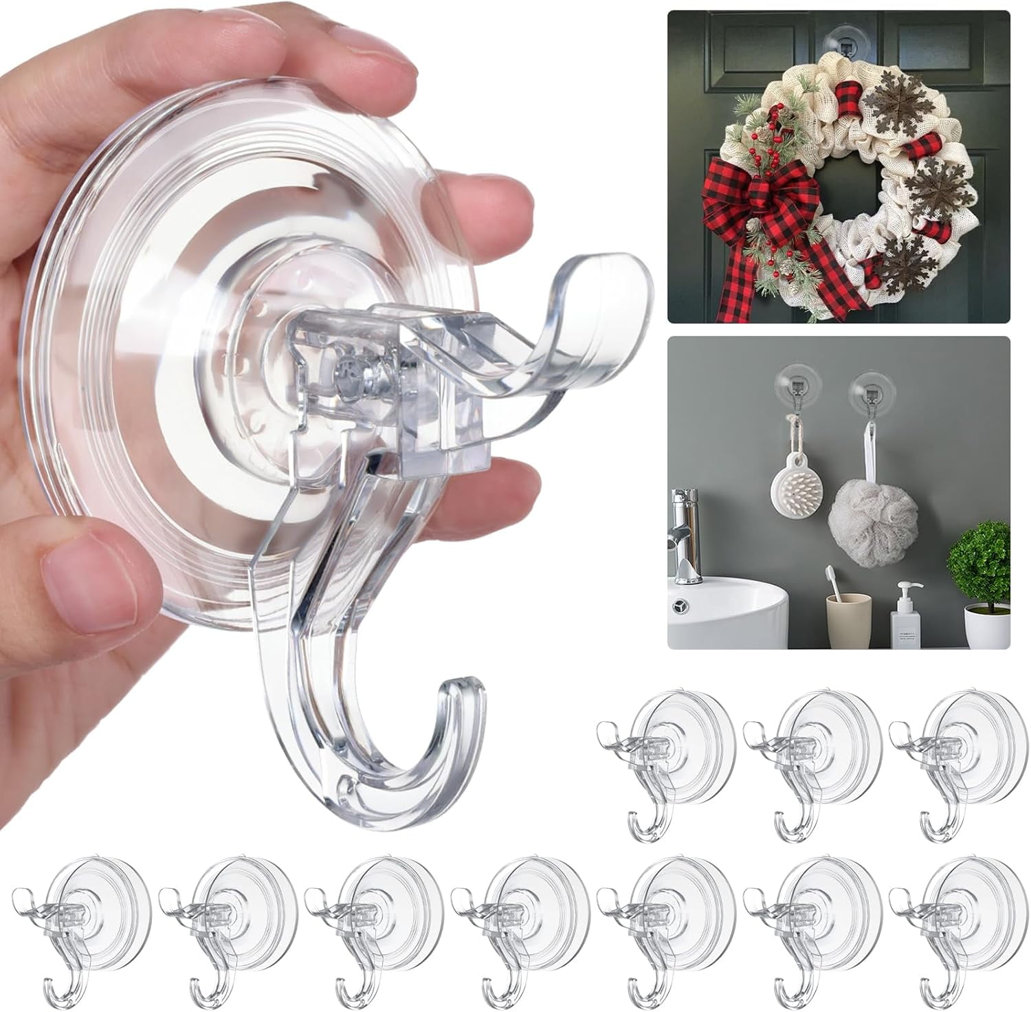 Suction Cup Hooks, 10 Pack Clear Shower Suction Hooks, Removable Large ...