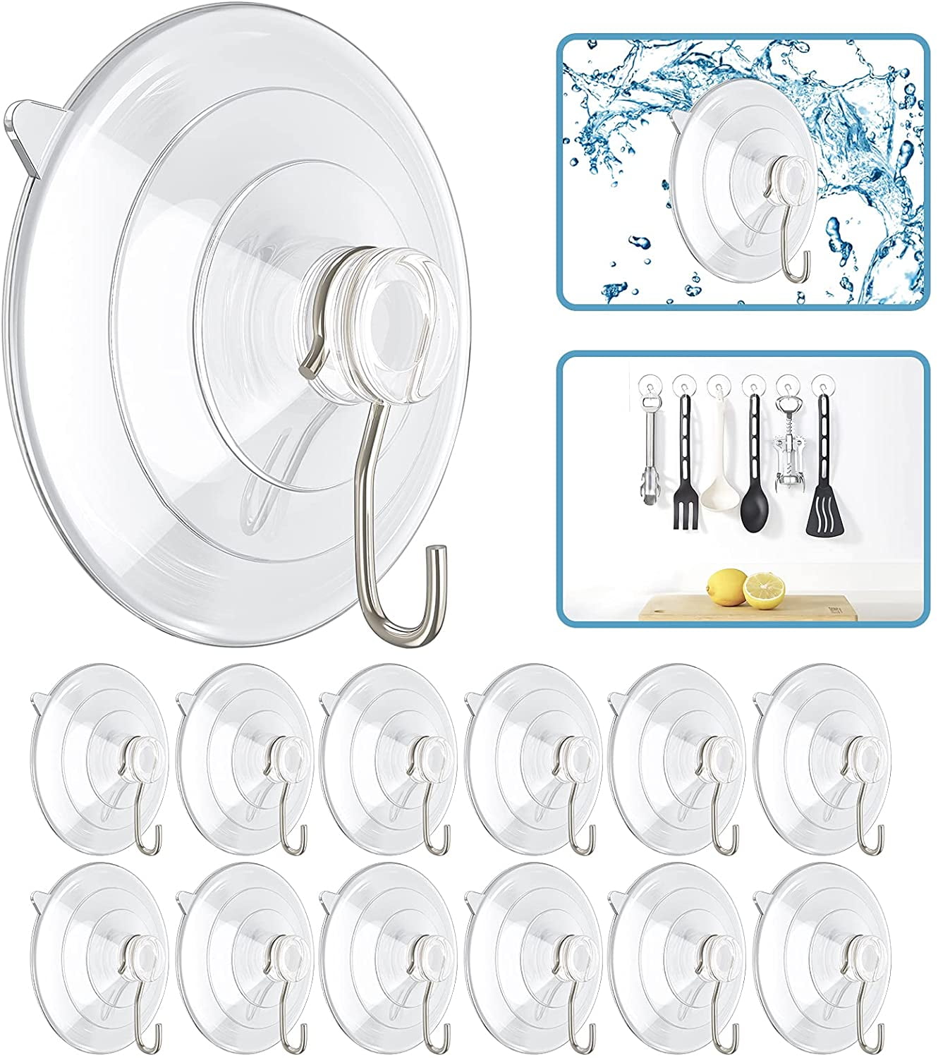 Suction Cup Hooks, 2.5 Inches Clear Large Suction Cups with Metal Hooks ...
