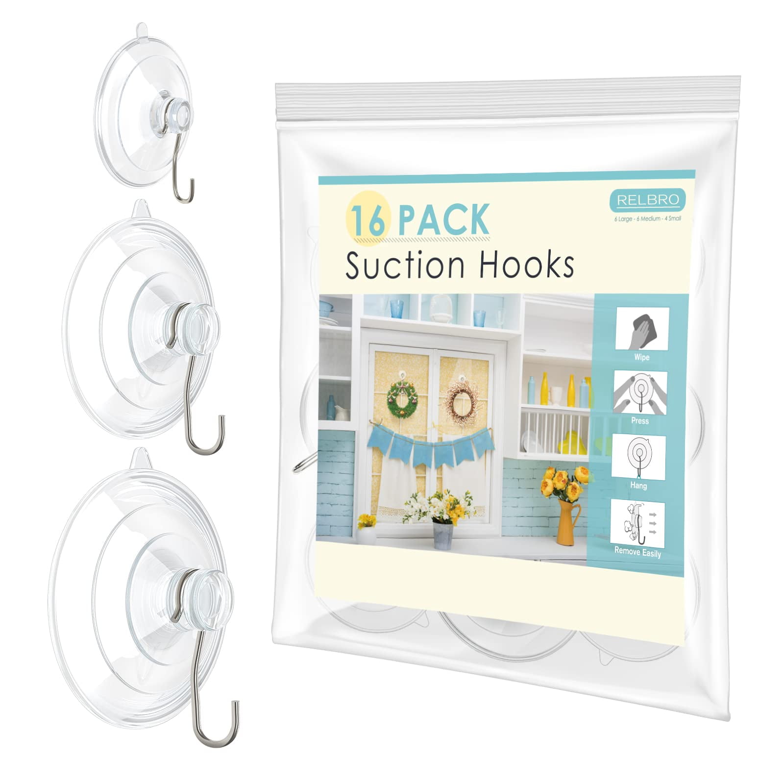 Suction Cup Hooks with Metal Hooks, Removable Reusable Transparent ...