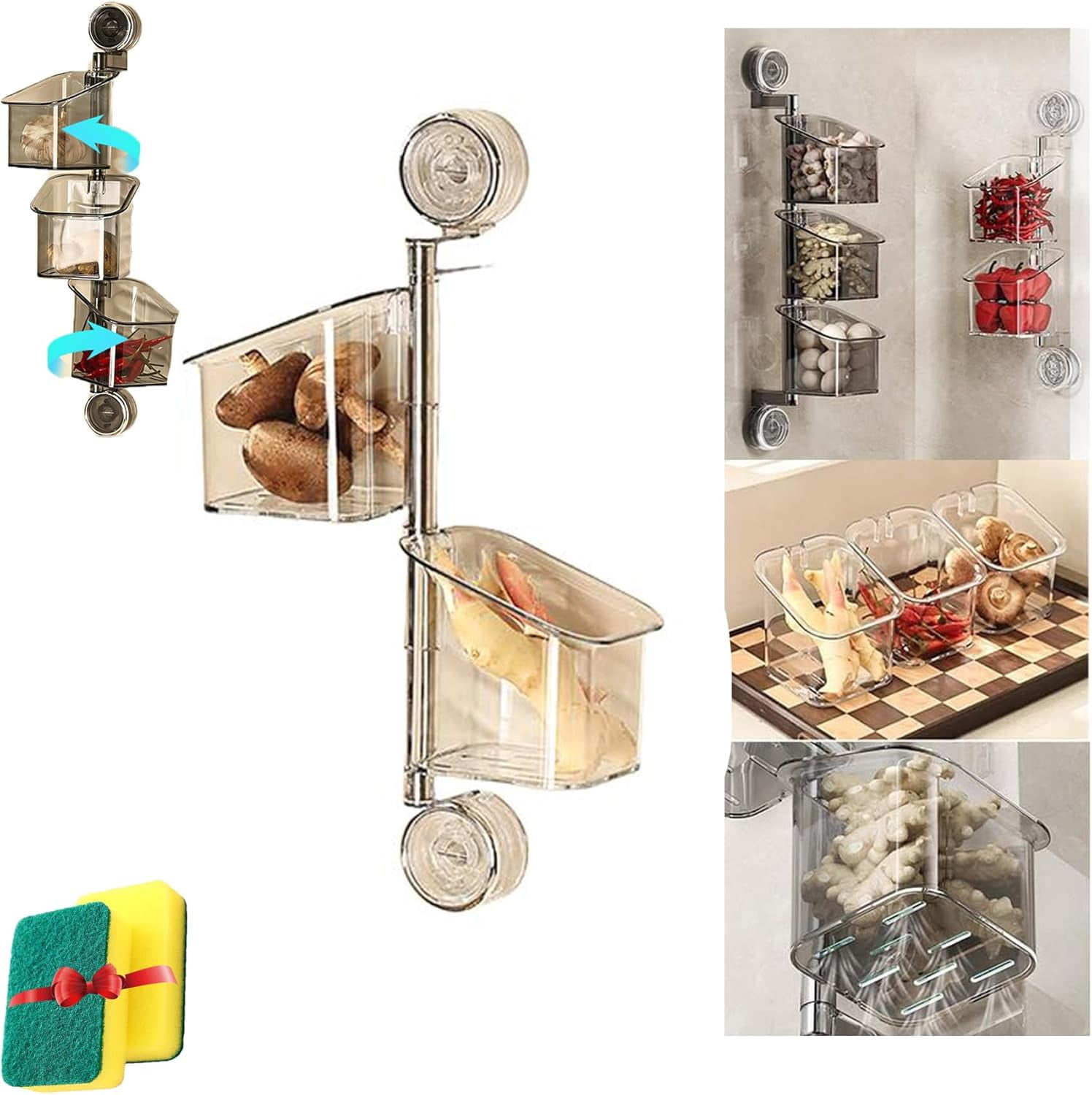 Suction Cup Rotating Organiser, Kitchenstorage Basket Wall Mounted Bins ...