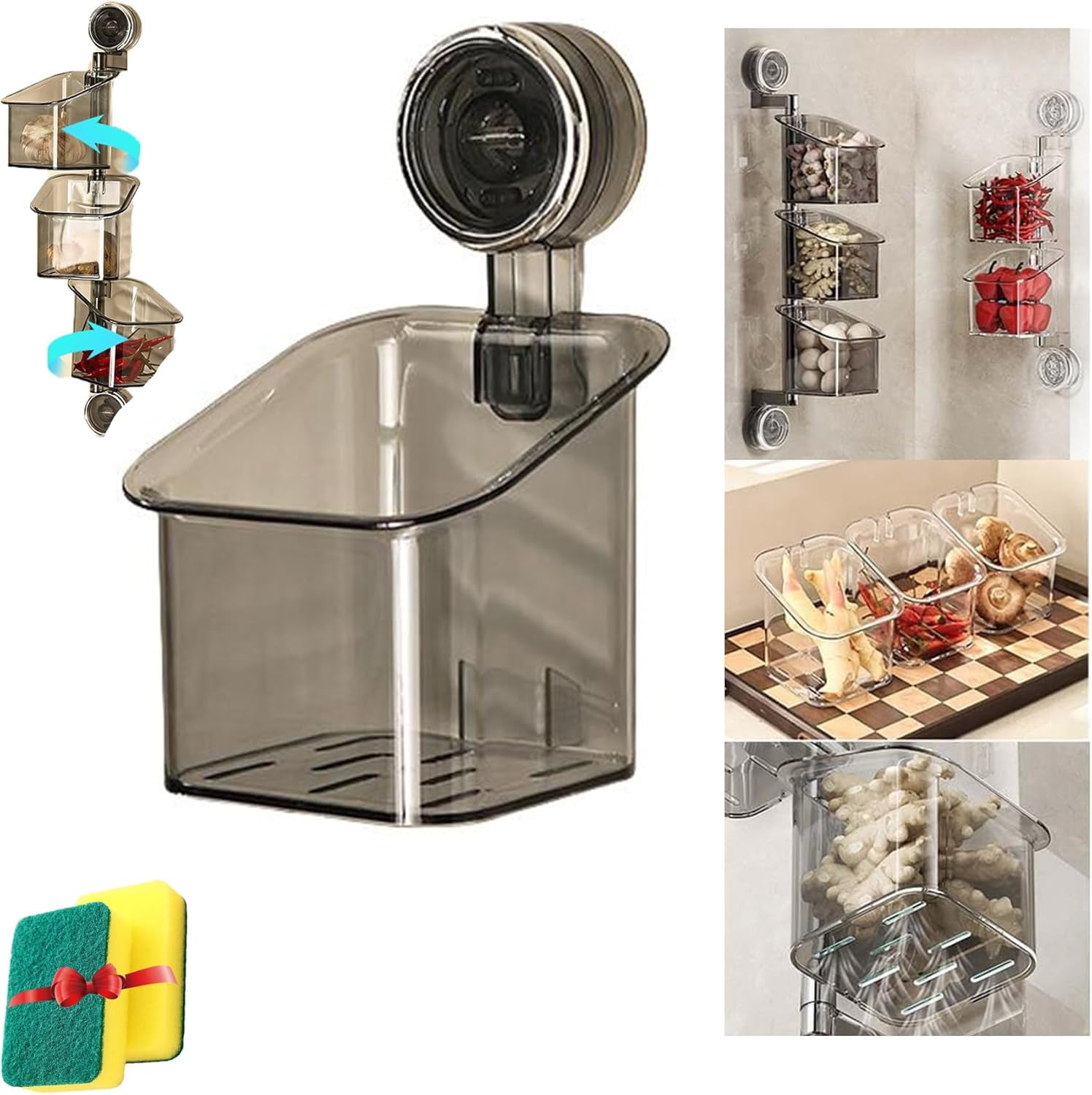 Suction Cup Rotating Organiser, Kitchenstorage Basket Wall Mounted Bins ...