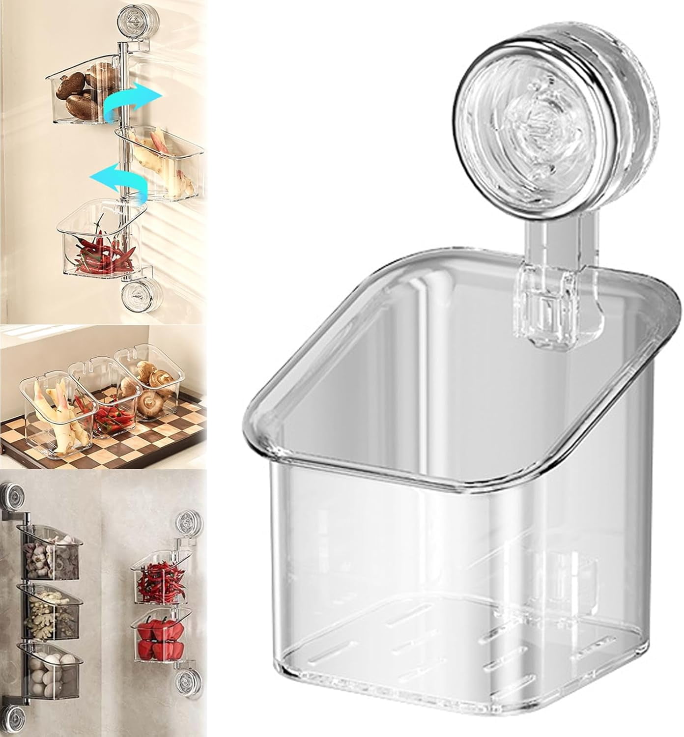 Suction Cup Rotating Organiser, Wall Mounted Bins Organizer Drill-Free ...