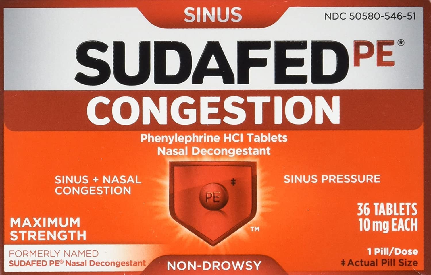 Sudafed PE Congestion Phenylephrine HCI Nasal Decongestant, 36 ct ...