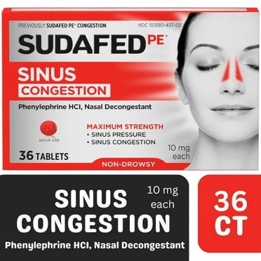 (2 pack) Sudafed PE Maximum Strength Non-Drowsy Sinus Decongestant, 36 ...
