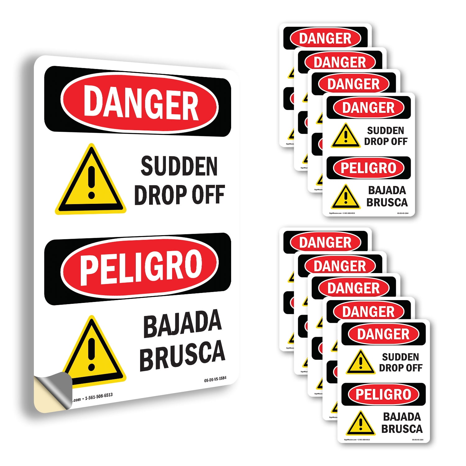 Sudden Drop Off With Symbol Bilingual OSHA Danger Vinyl Decal Label 18 ...