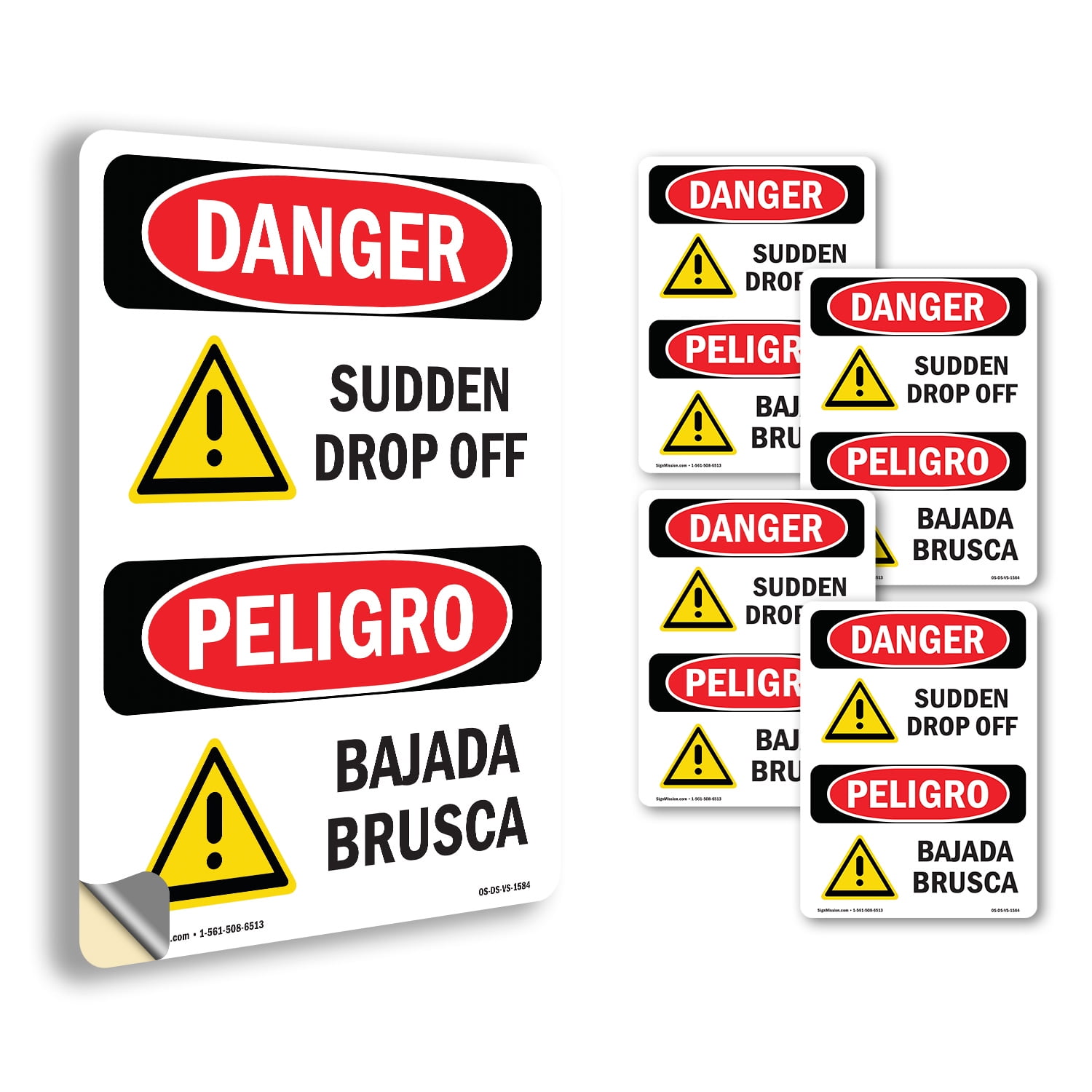 Sudden Drop Off With Symbol Bilingual OSHA Danger Vinyl Decal Label 7 ...