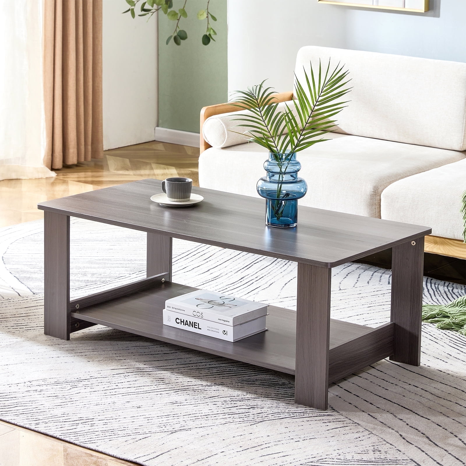 "Sudica 43.3"" Gray Finish Coffee Table with Storage Shelf, Rustic Wood ...