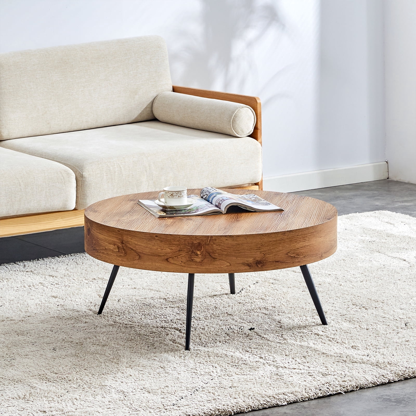 Sudica 31.5 Inch Wooden Round Coffee Table with Durable Metal Black ...