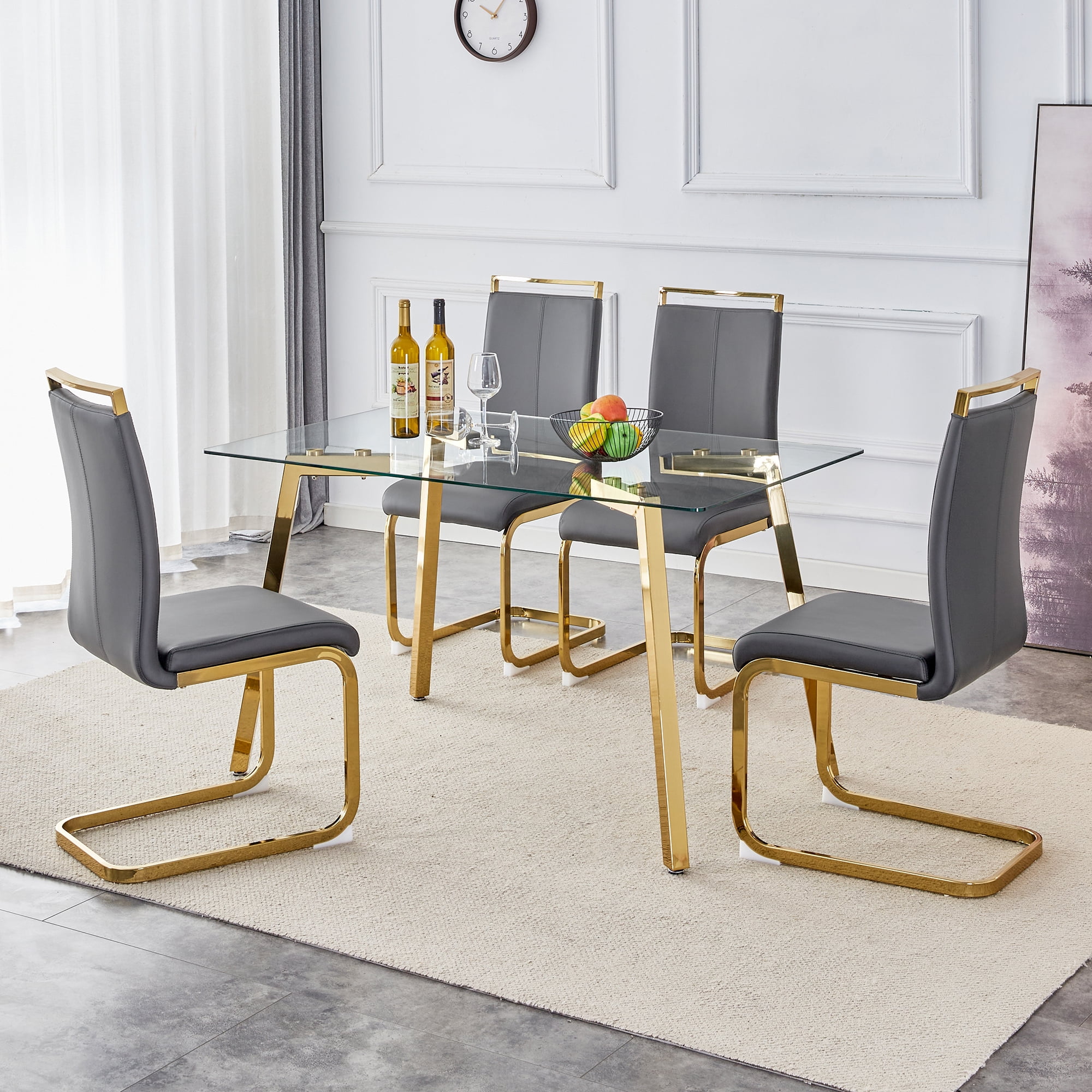 Sudica Compact Dining Table Set for 4, 51" Glass Dining Table with Gold ...