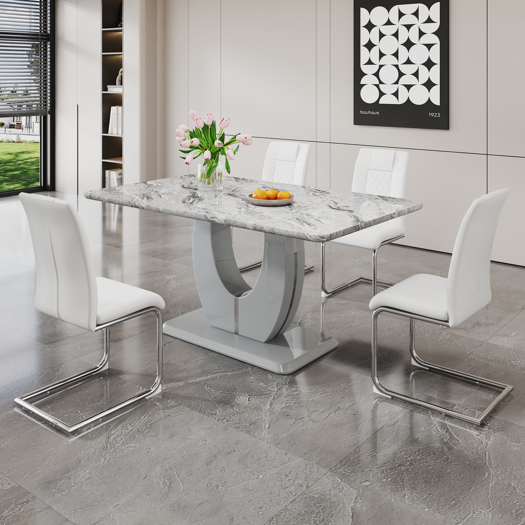 Liam Standard Height Rectangular Dining Table in White Marble - Walmart.com