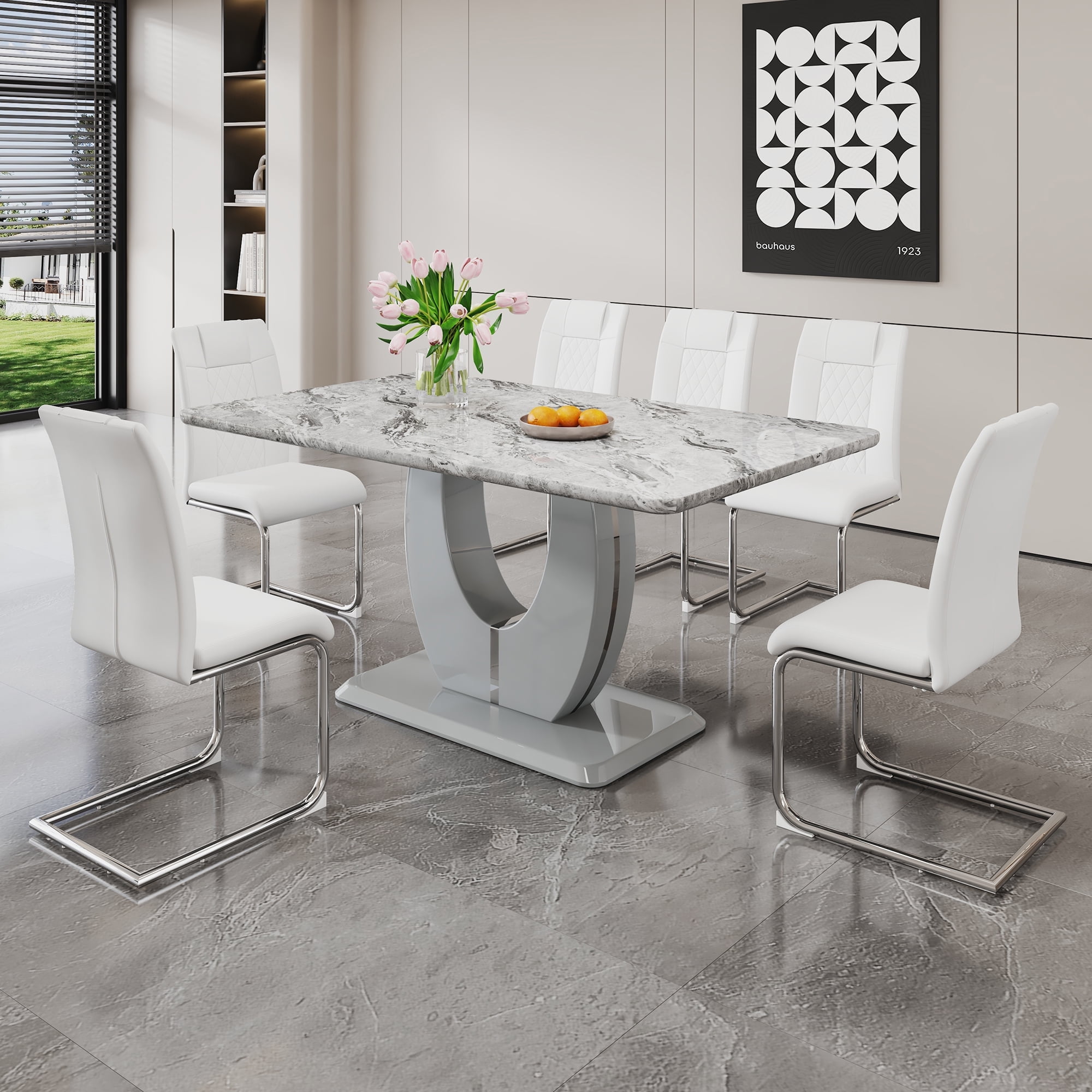 Sudica Dining Table Set with 6 Leather Dining Room Chairs, 63" Large ...