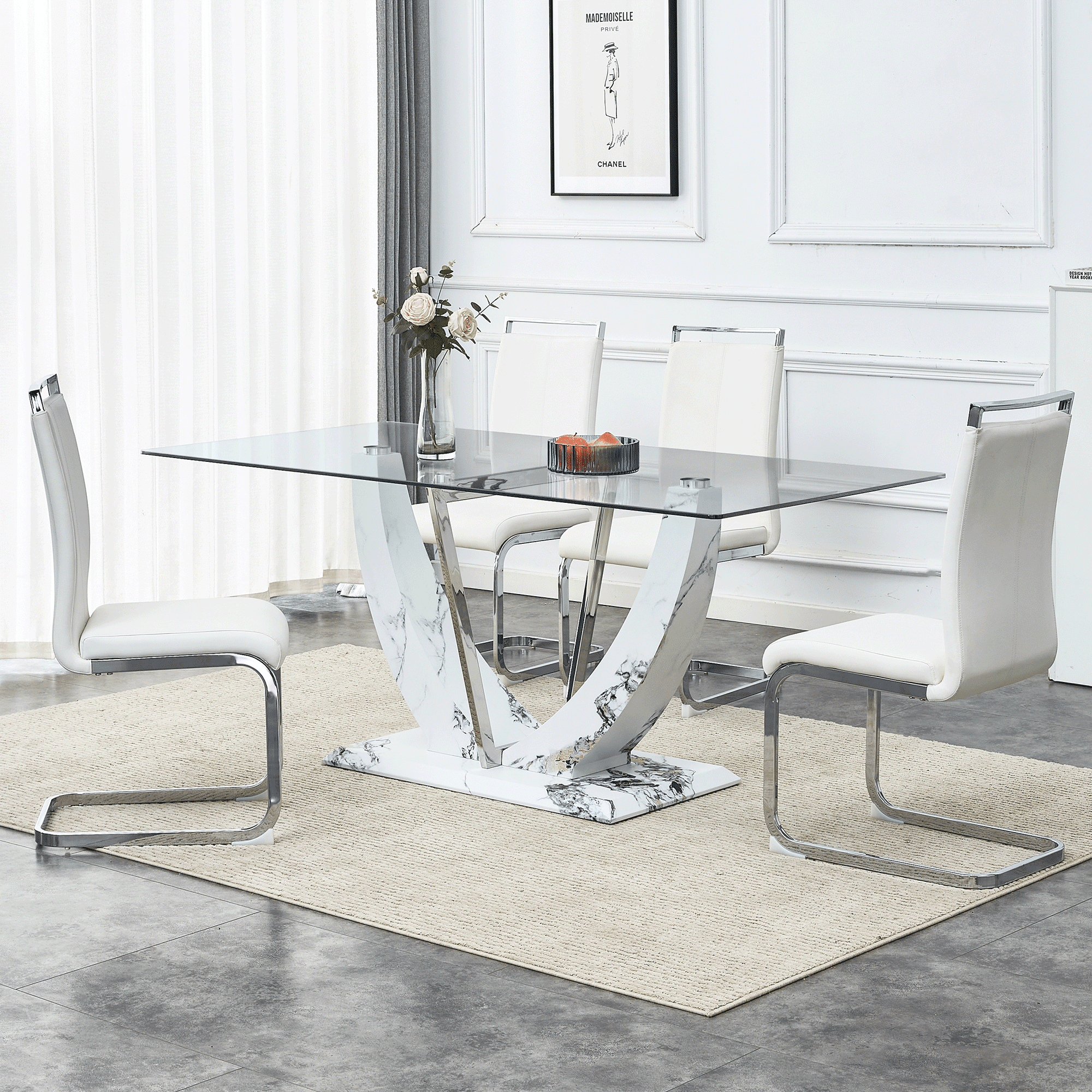 Sudica Glass Dining Set for 4, 71" Rectangular Glass Table with ...