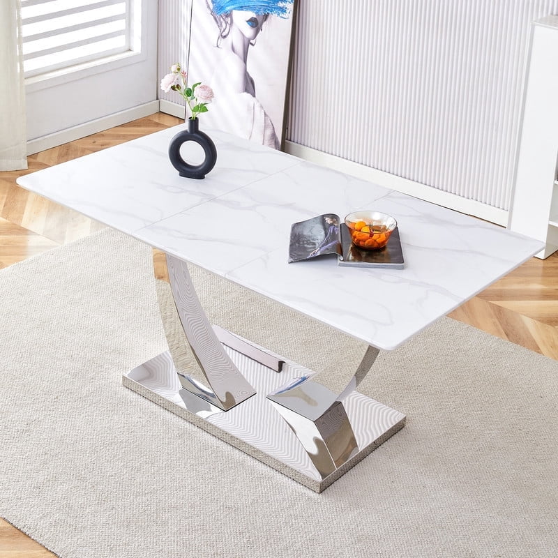 Sudica Modern Dining Table with White Marble Patterned Tabletop, 63 ...