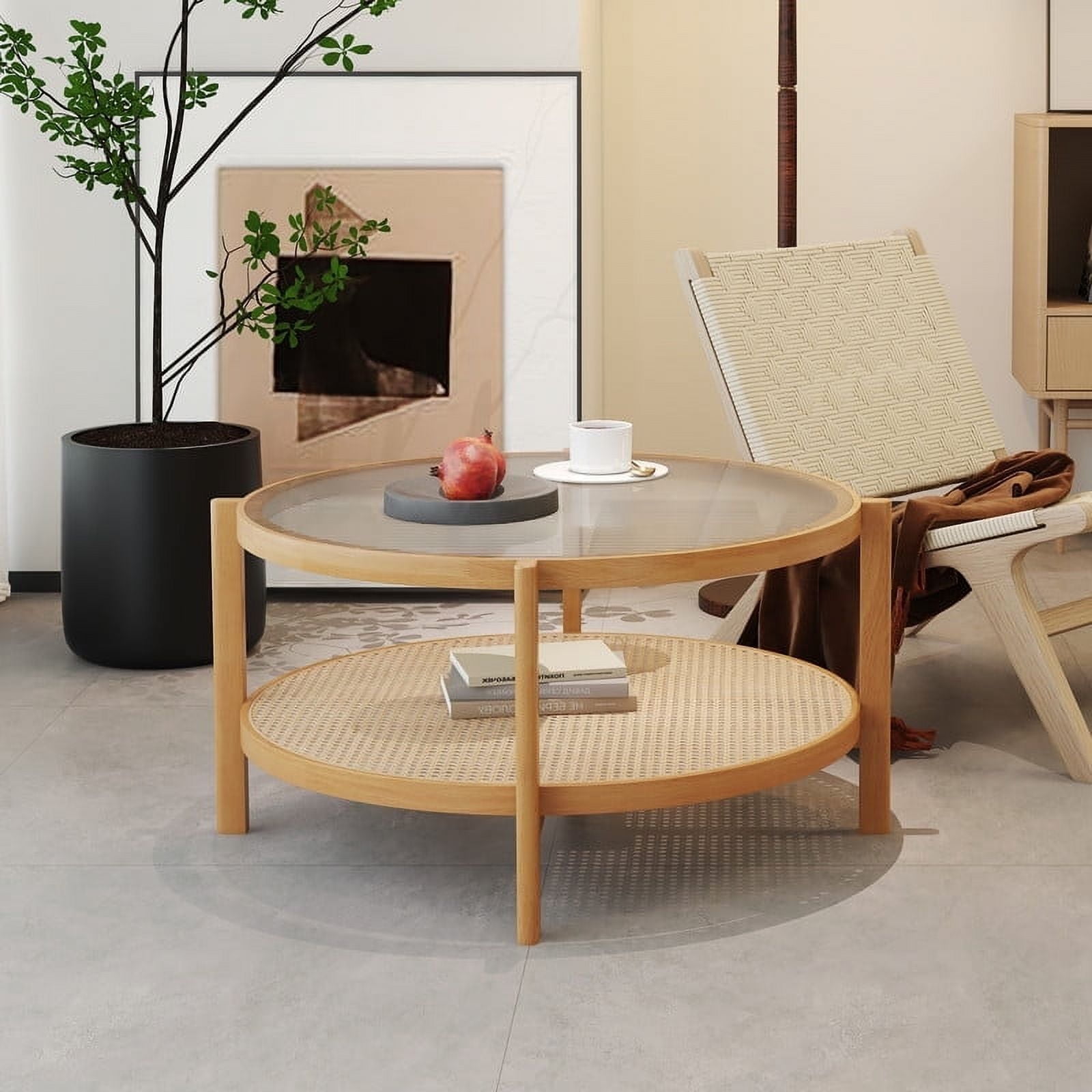 Sudica Modern Minimalist Circular Double-Layer Wood and Glass Coffee ...