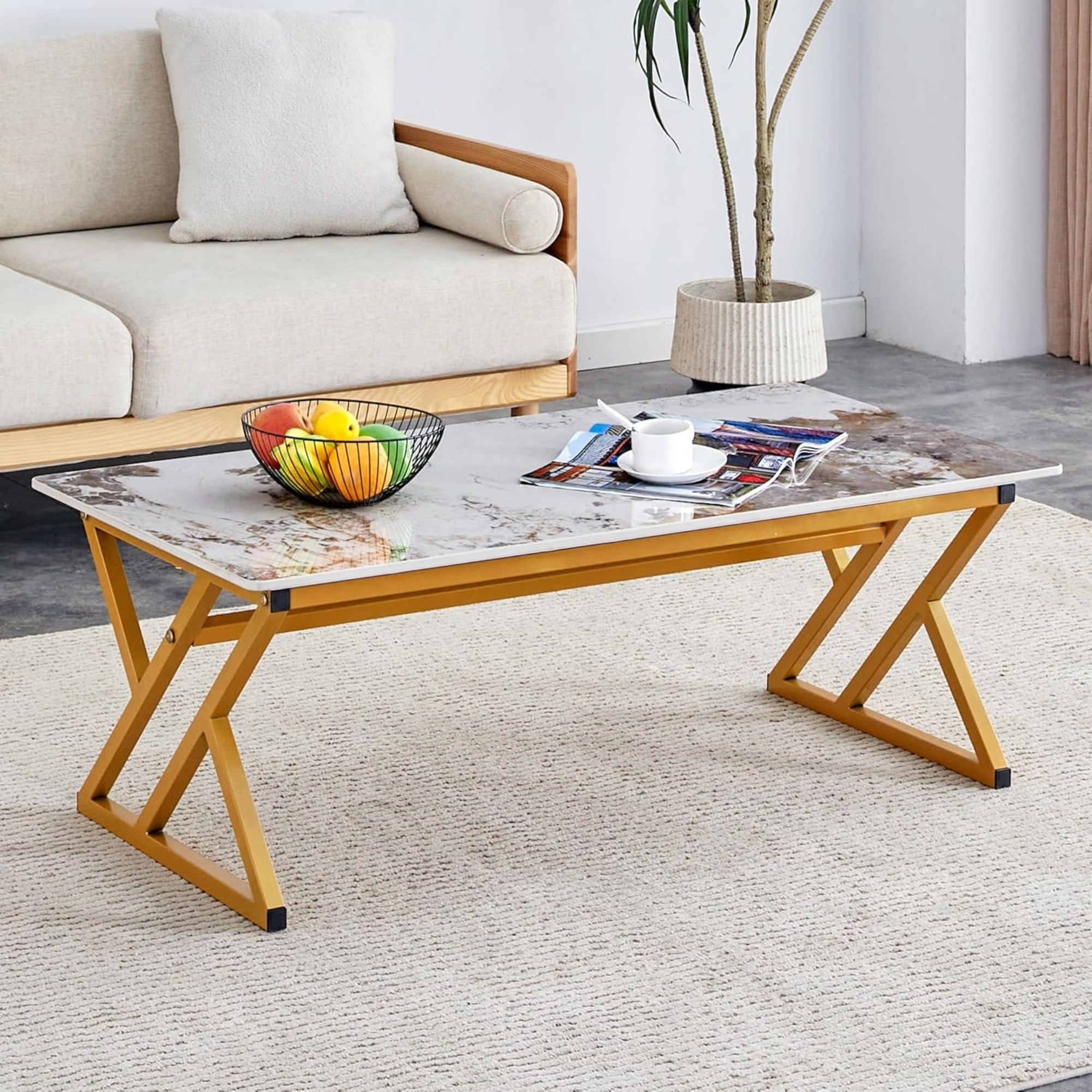 Sudica Multicolor Faux Marble Coffee Table with golden Legs, 47" Modern ...